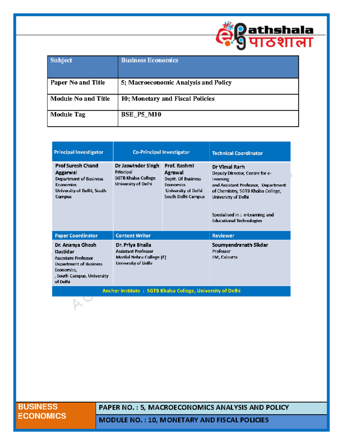 Monetary and Fiscal Policies. - BUSINESS ECONOMICS PAPER NO. : 5 ...