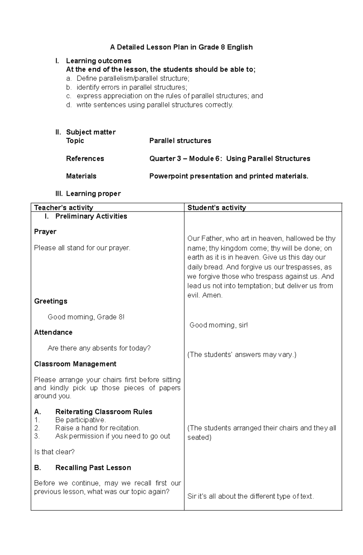 Parallel Structures DLP 012254 081847 071657 - A Detailed Lesson Plan ...