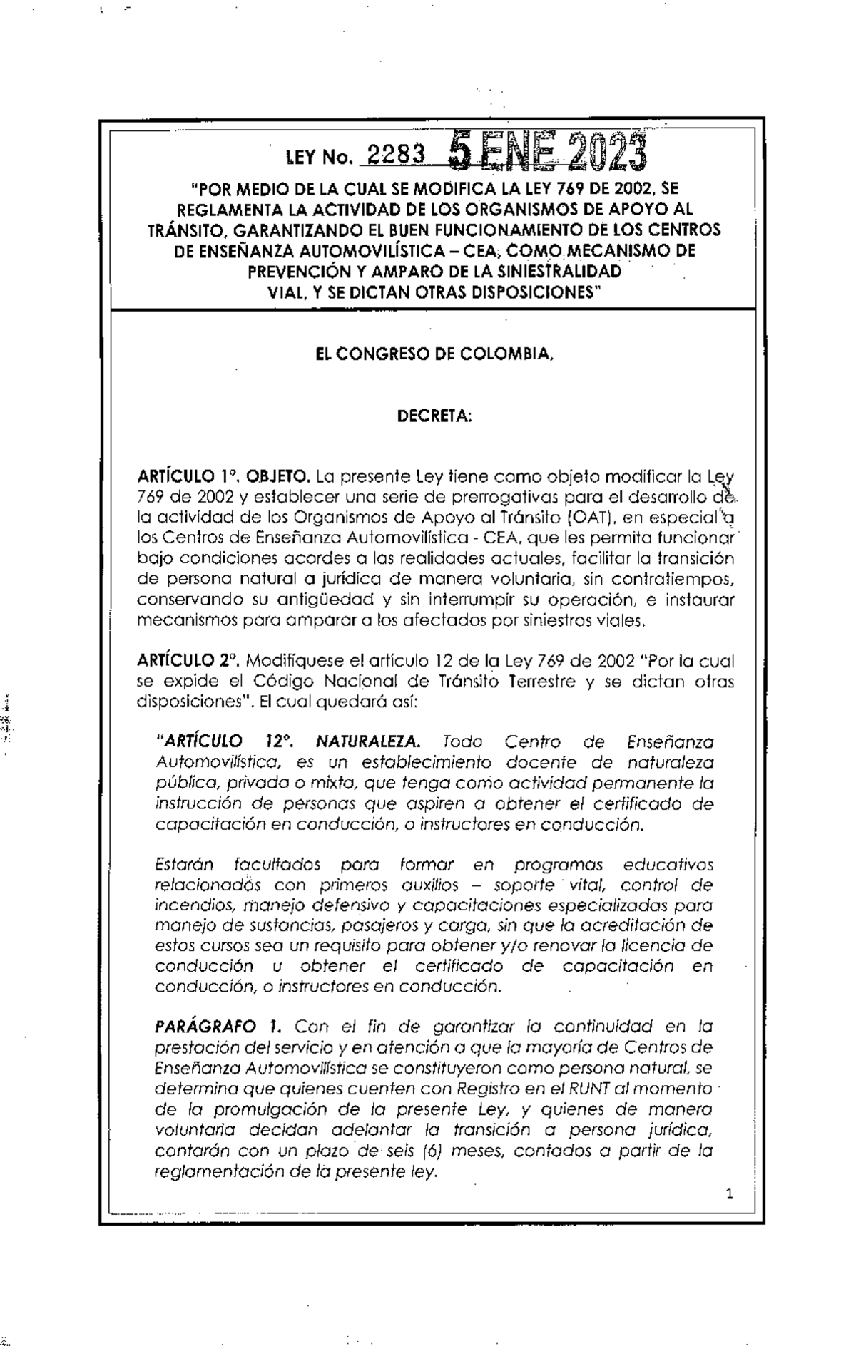 LEY 2283 DEL 5 DE Enero DE 2023 -, "POR MEDIO DE LA CUAL SE MODIFICA LA ...