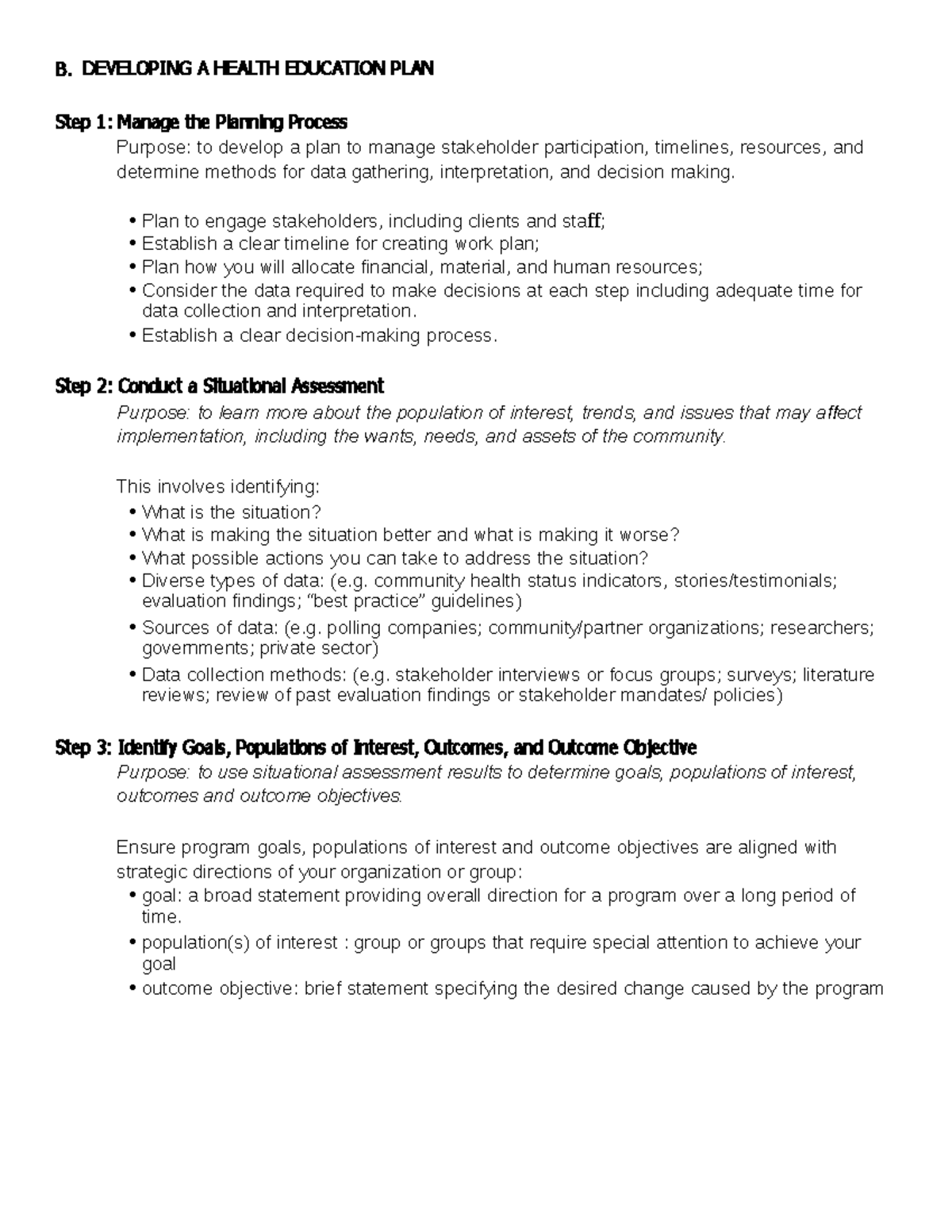 Health education process - B. DEVELOPING A HEALTH EDUCATION PLAN Step 1 ...