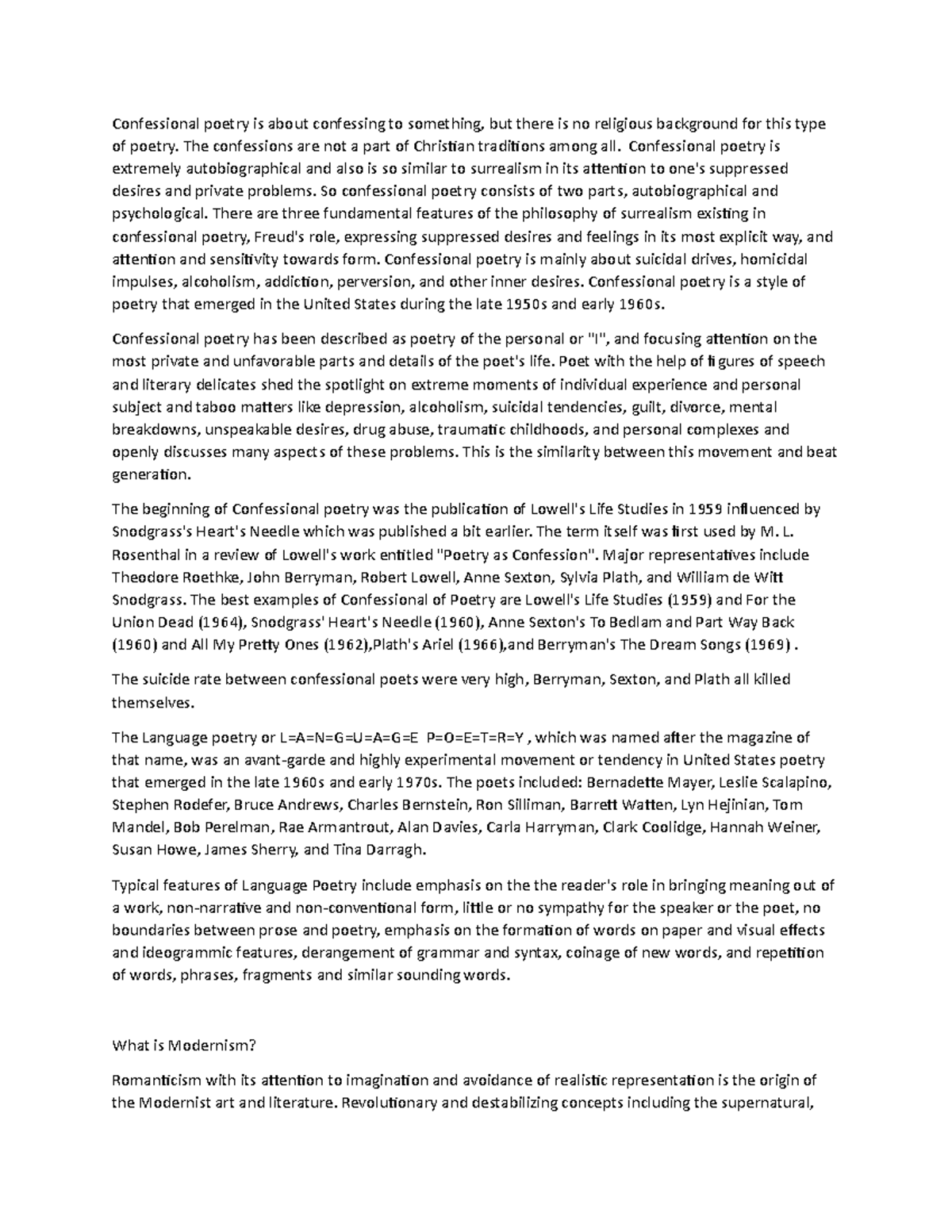 Post-modernism notes - On Post-modernism. - Confessional poetry is ...