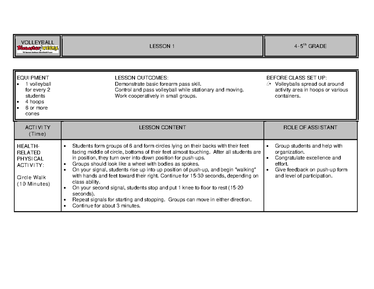 Volleyball 4-5 1 - Educational documents - LESSON 1 4-5th GRADE EQUI ...