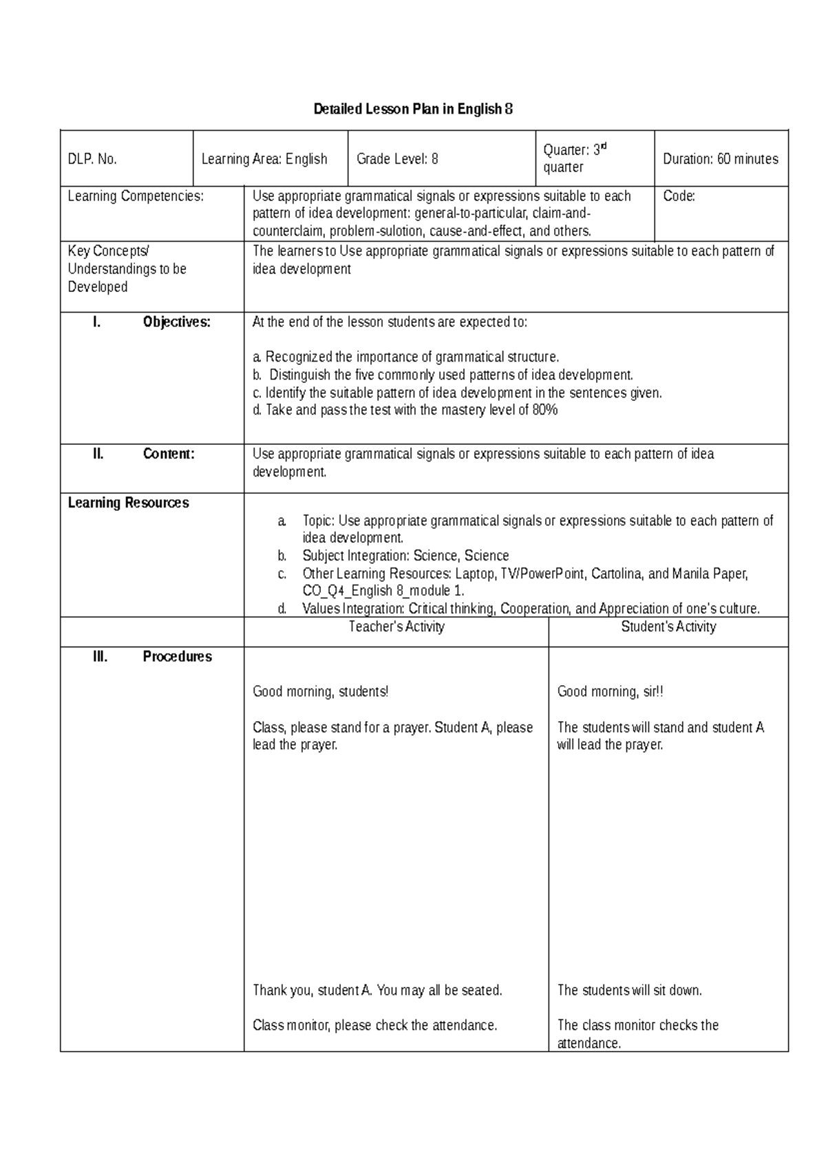 LP Expanding Outline - Lesson plans in practice teaching - Detailed ...
