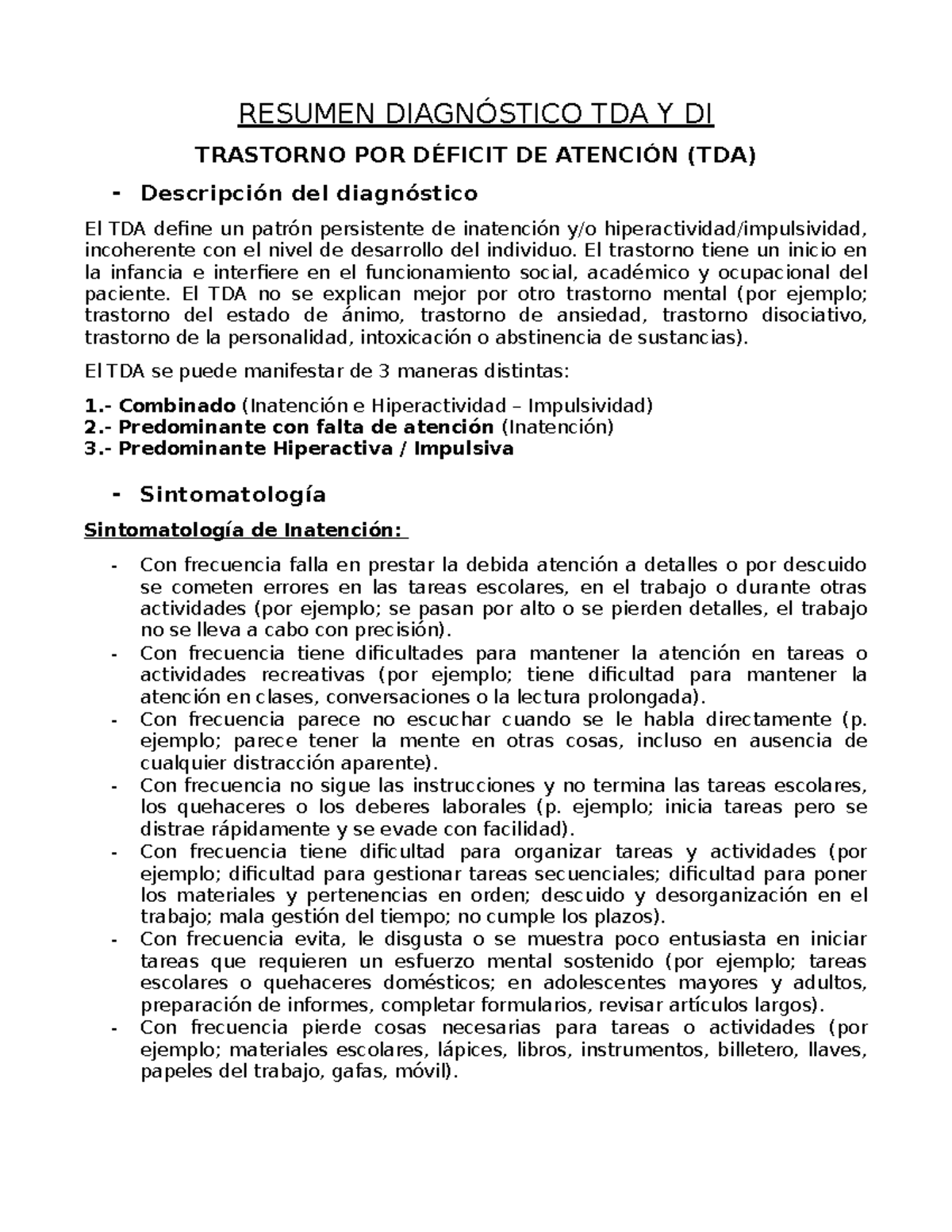 Resumen TDA Y DI - RESUMEN DIAGNÓSTICO TDA Y DI TRASTORNO POR DÉFICIT ...