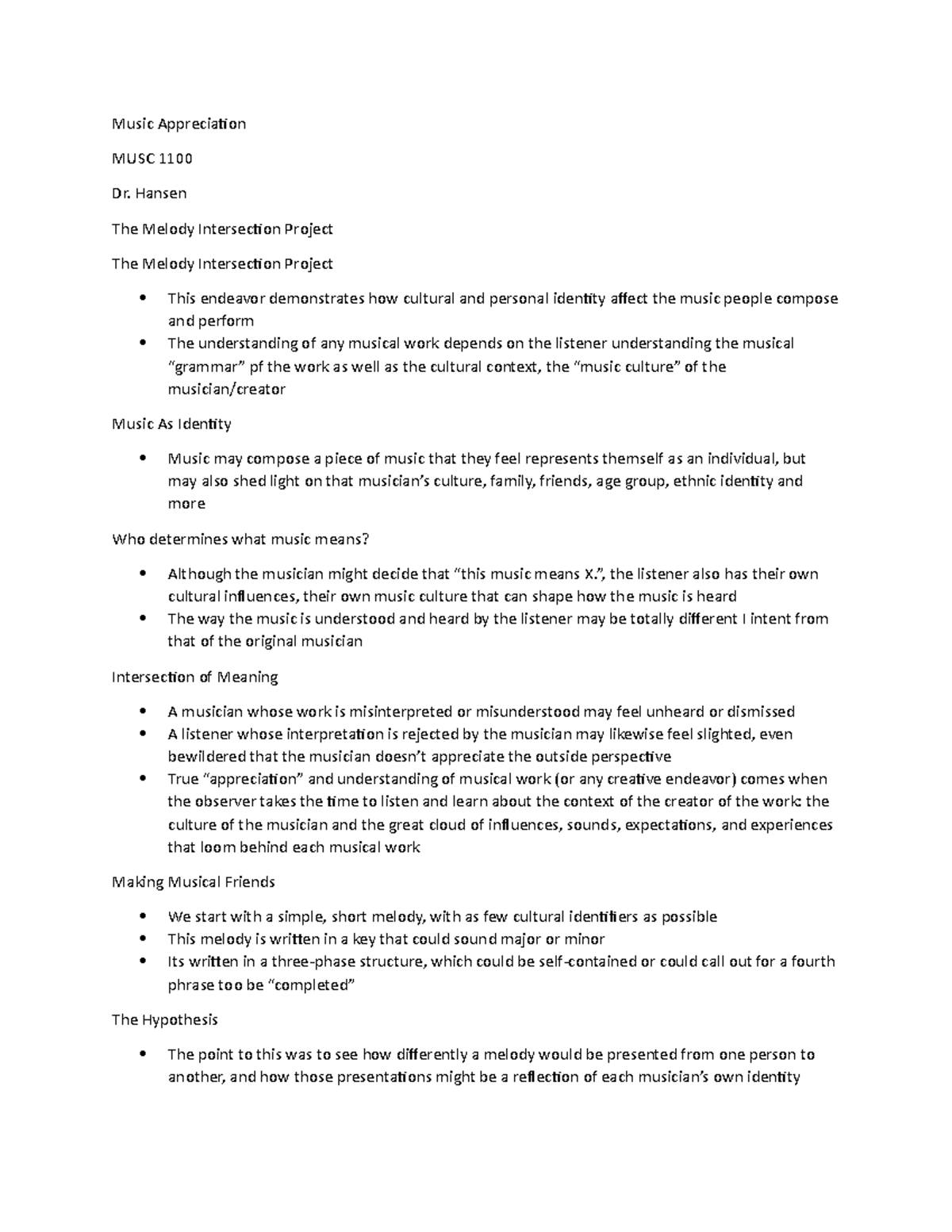 The Melody Intersection Project - Music Appreciation MUSC 1100 Dr ...