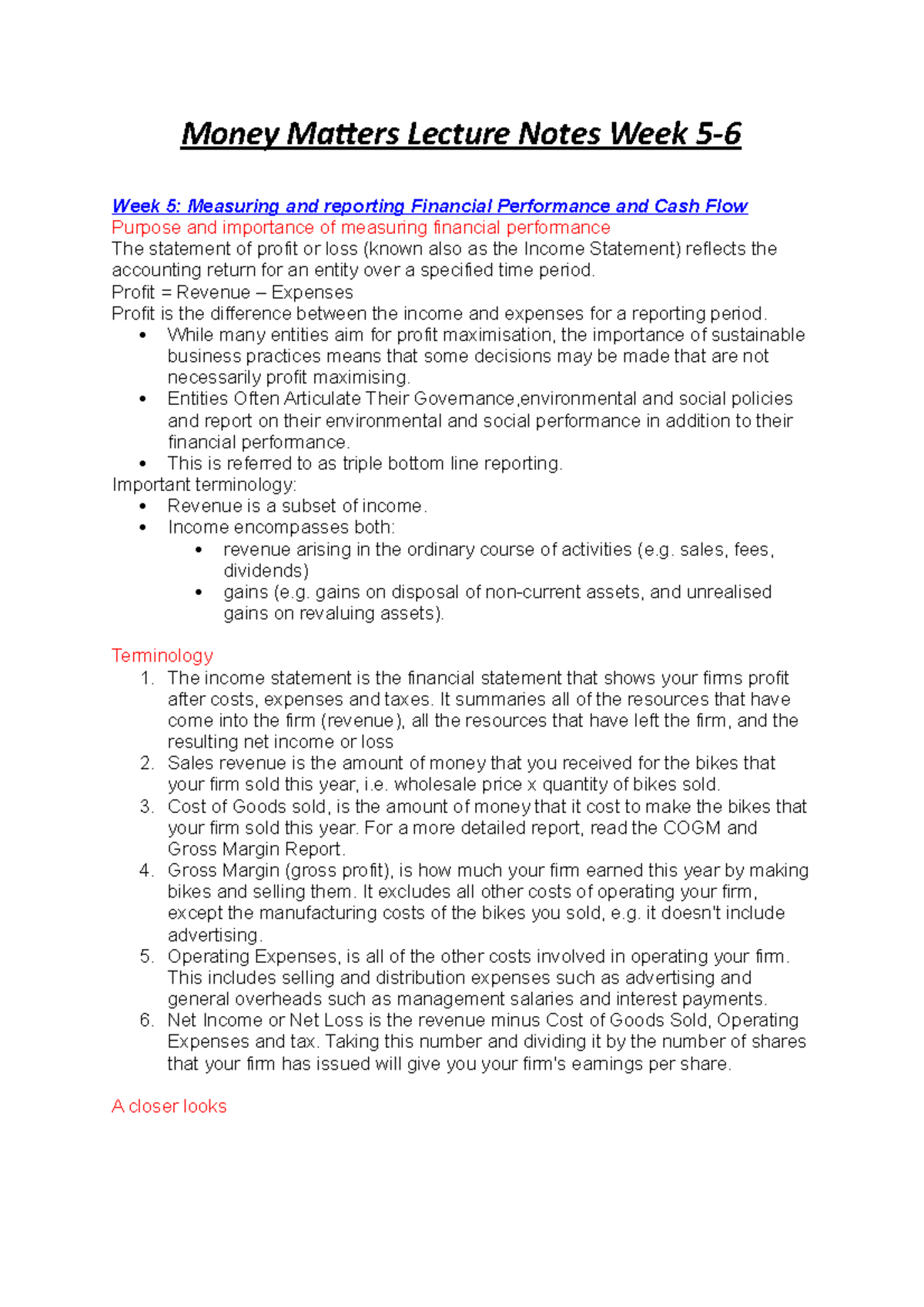 Money Matters Lecture Notes Week 5-6 - Profit = Revenue – Expenses ...
