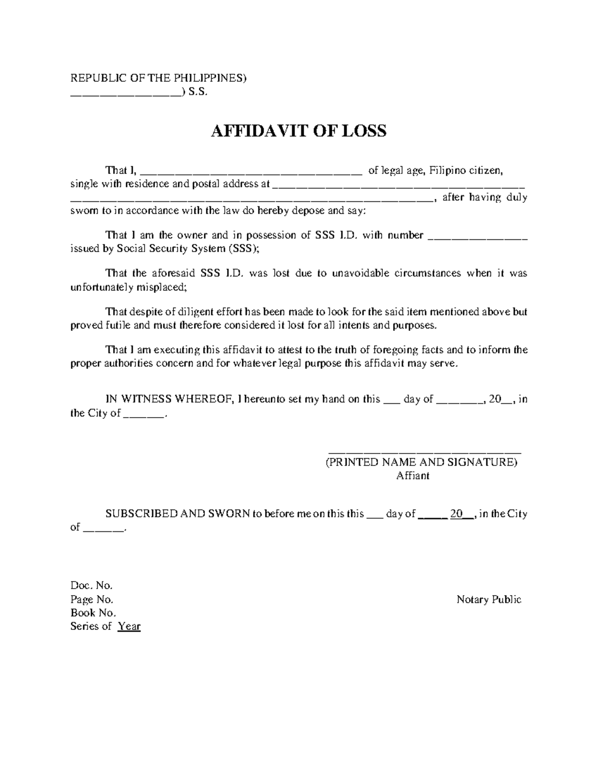 SSS UMID Affidavit of Loss Template - REPUBLIC OF THE PHILIPPINES ...