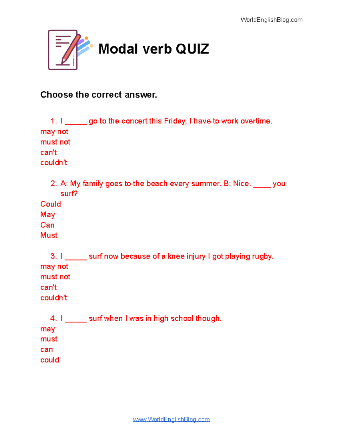 Modal-verb-QUIZ - Modal verbs quiz - ####### WorldEnglishBlog Modal ...