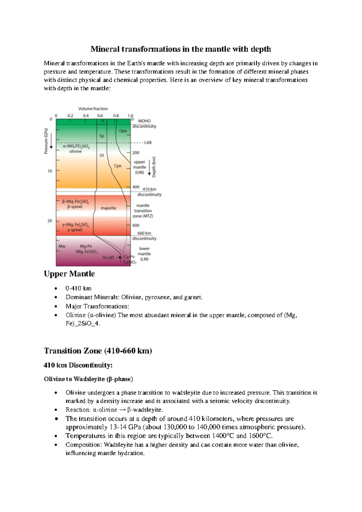 Mantle mineralogy - Mineral transformations in the mantle with depth ...