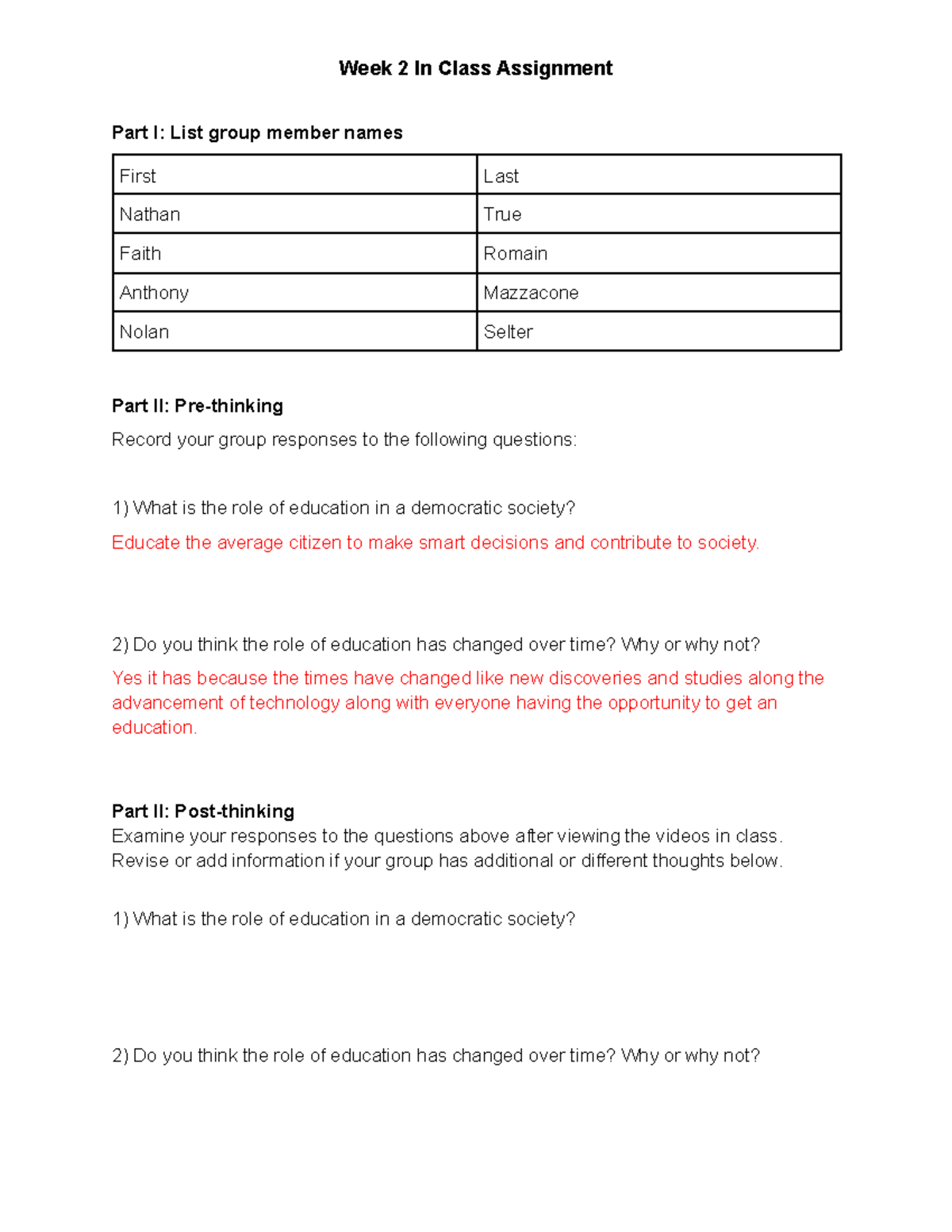 Week 2 In Class Assignment - Week 2 In Class Assignment Part I: List ...