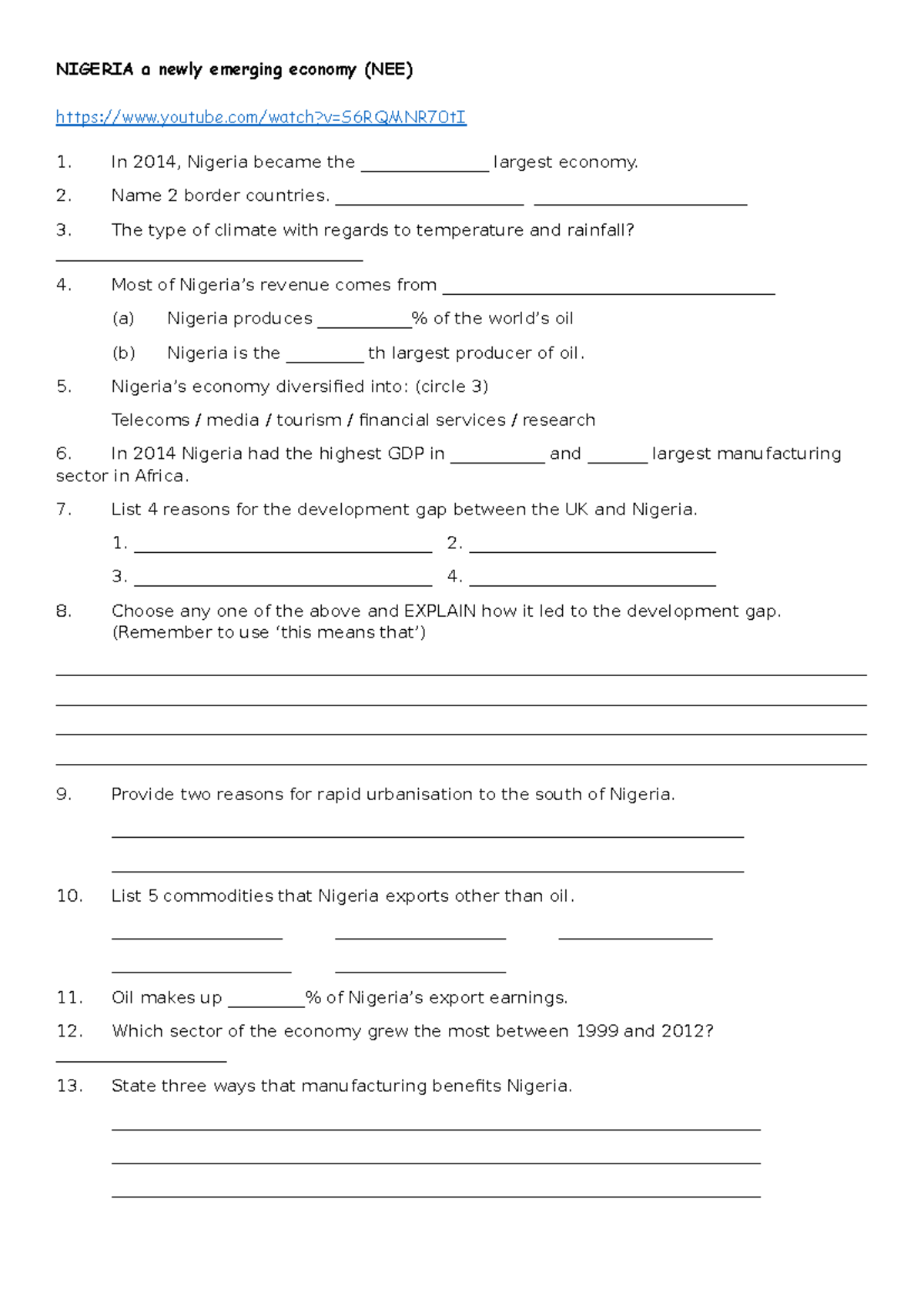 HW video worksheet - NIGERIA a newly emerging economy (NEE) youtube ...
