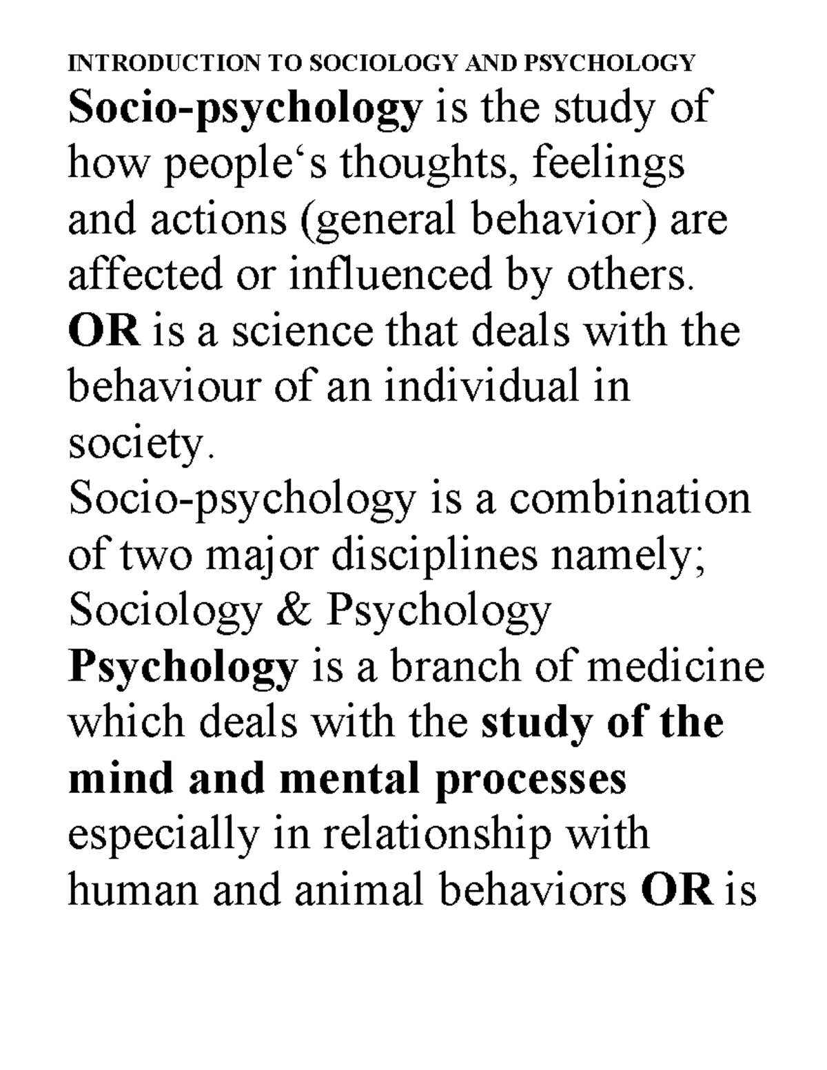 Introduction TO Sociology AND Psychology memorial - INTRODUCTION TO ...