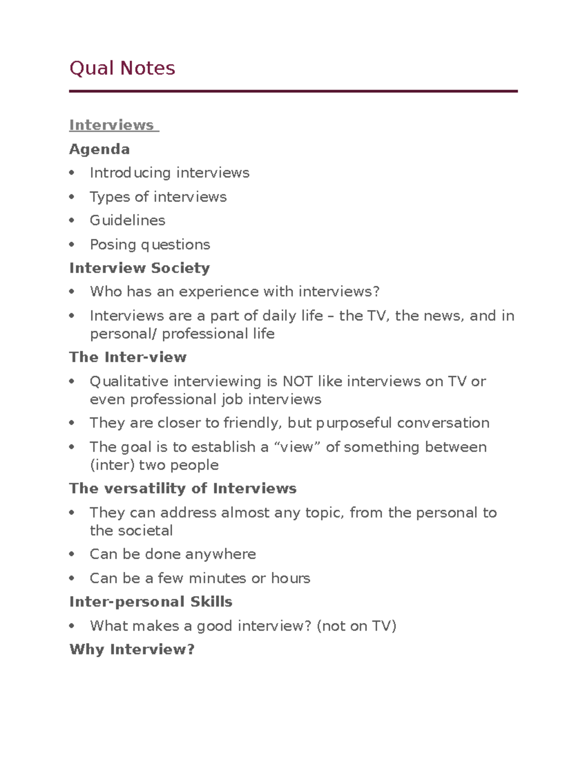 Qual Notes 10.10 12 - Qual Notes Interviews Agenda Introducing ...