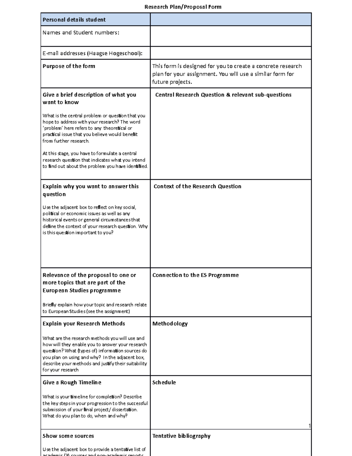 Research Plan form year 2 - European Studies - HHS - Studeersnel