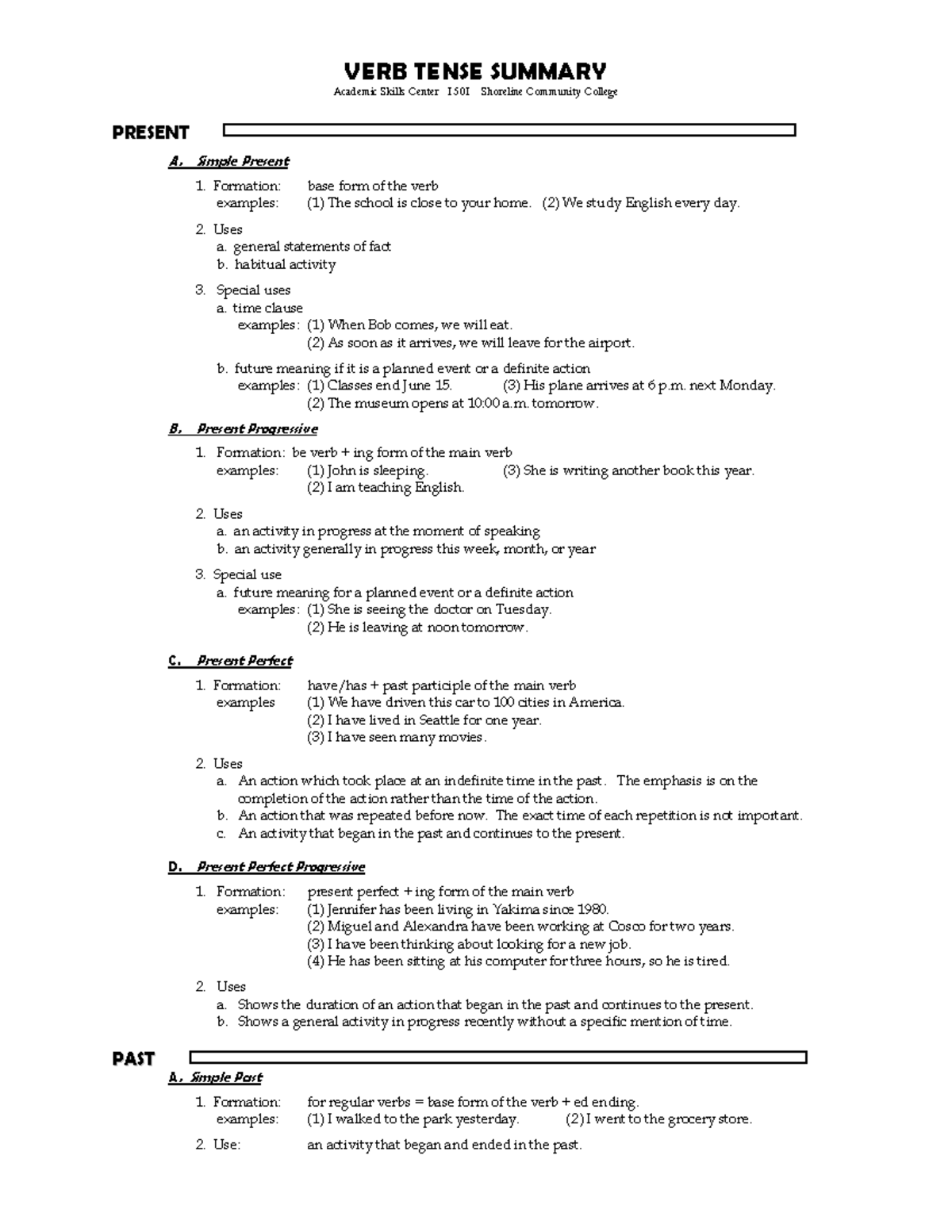 Tenses summary - VERB TENSE SUMMARY Academic Skills Center 1501 ...