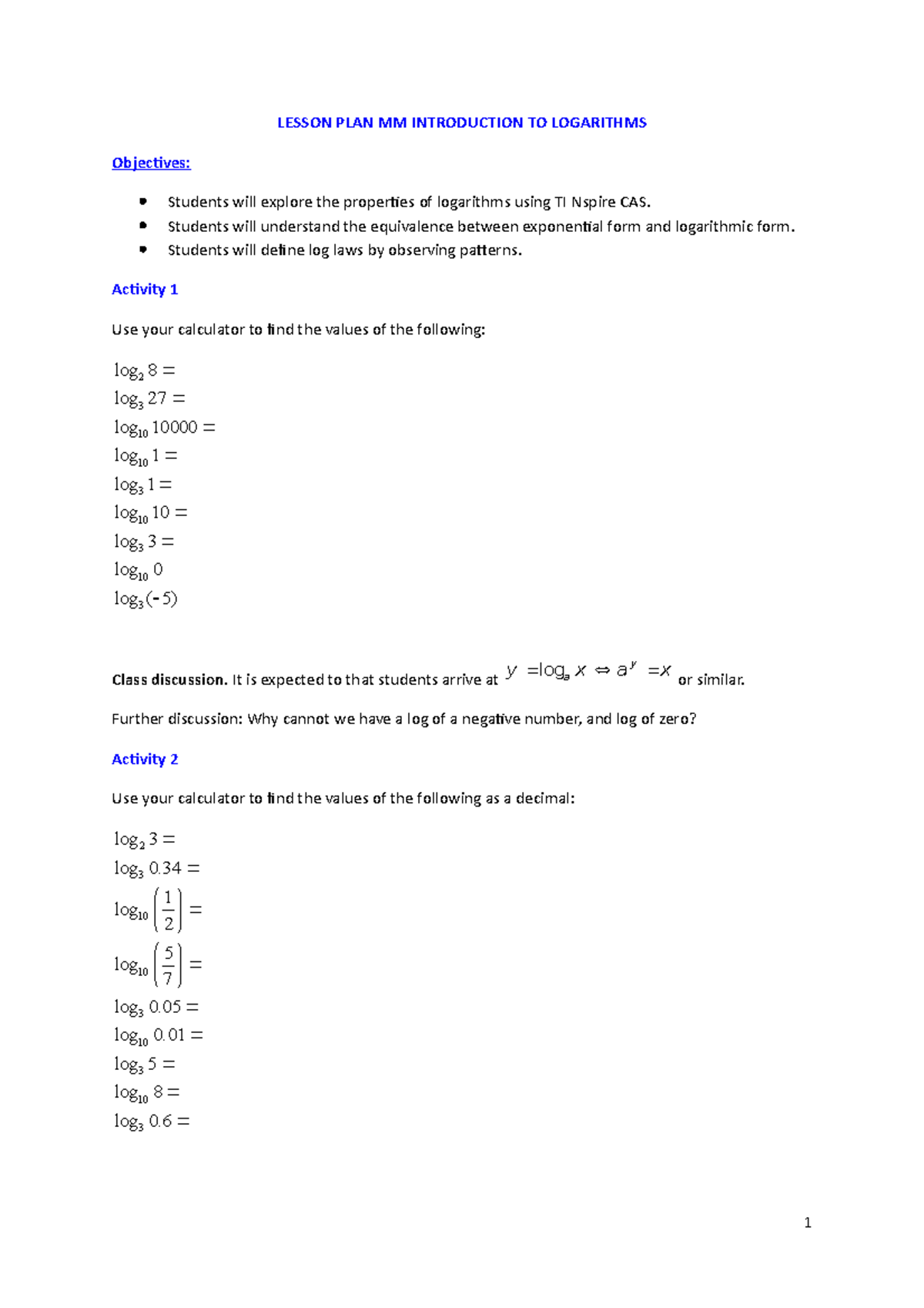 Lesson PLAN MMC Introduction TO Logarithms Teacher - LESSON PLAN MM ...