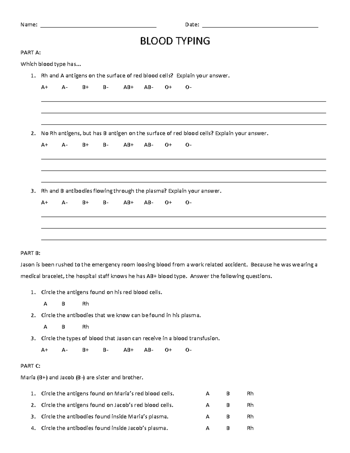 Blood Typing Worksheet - Name: _____________________________________ Date: - Studocu