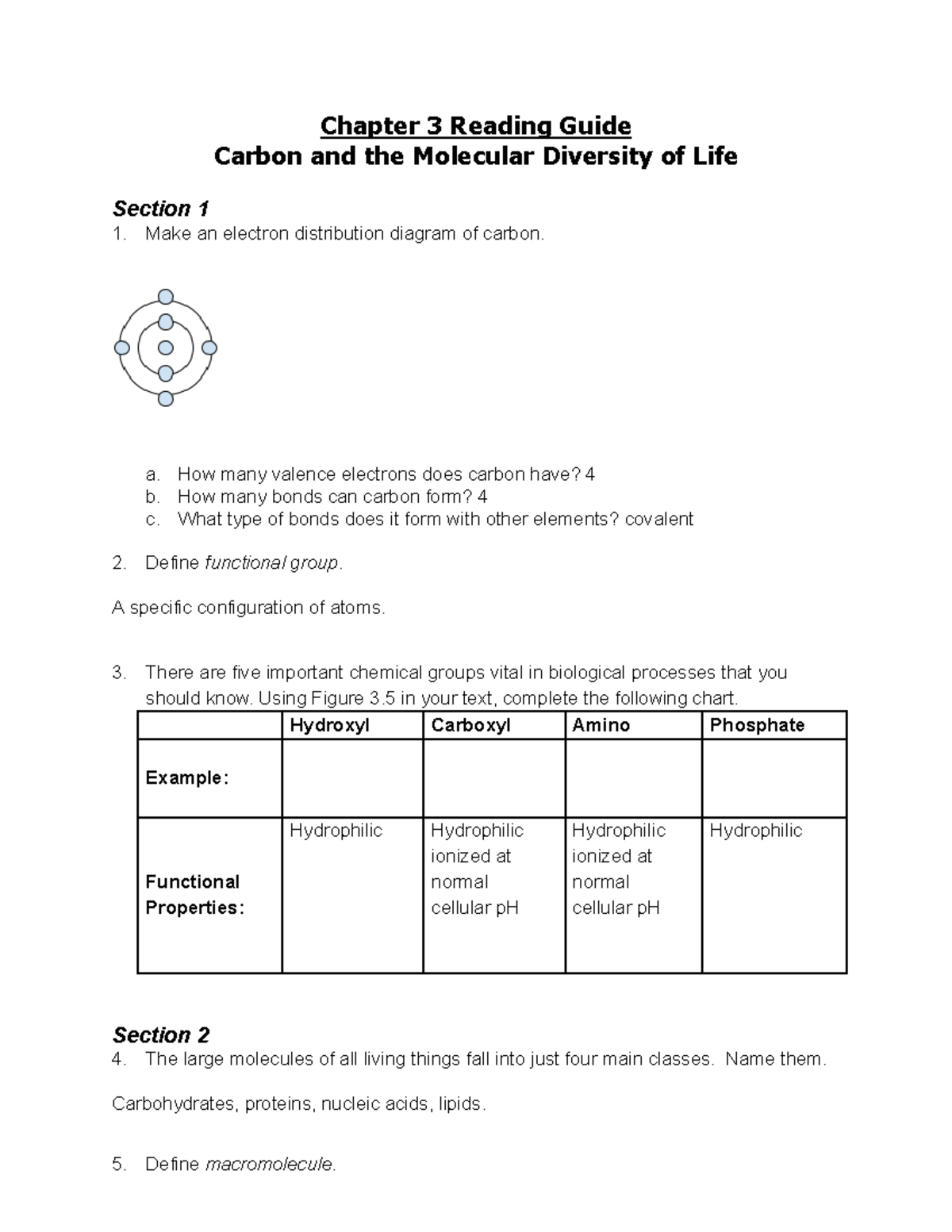 Honors Bio - Chapter 3: Carbon and Molecular Diversity Reading Guide ...