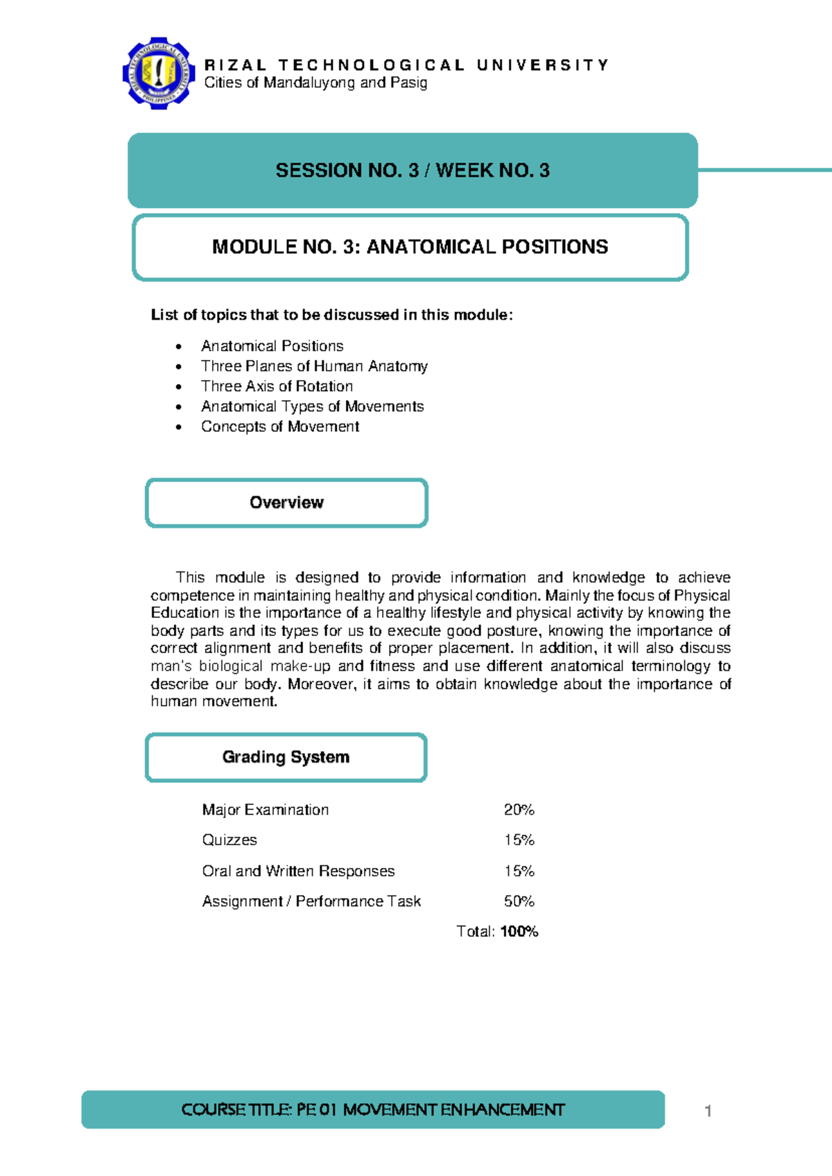 PE01-Module-3-Week-3 - Cities of Mandaluyong and Pasig List of topics that to be discussed in ...