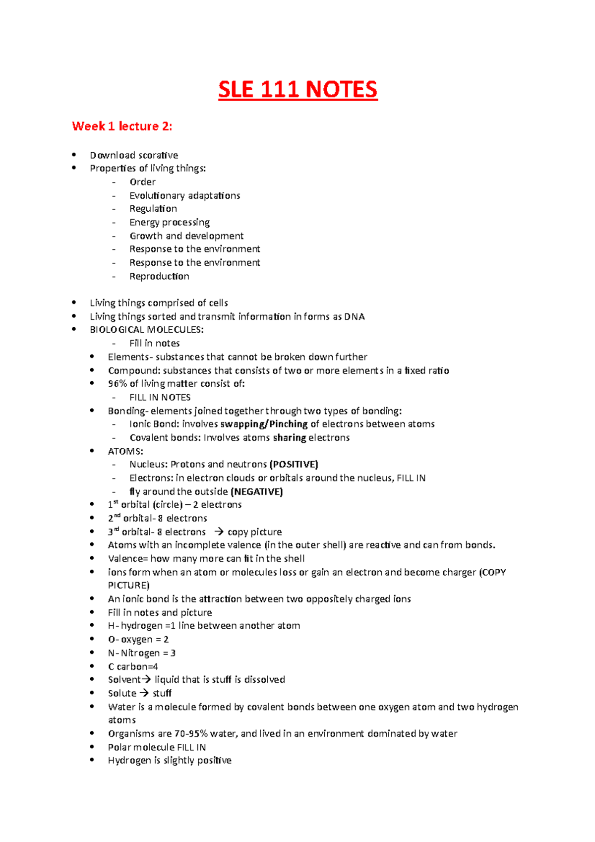 cells notes 2018 - SLE 111 NOTES Week 1 lecture 2: Download scorative ...