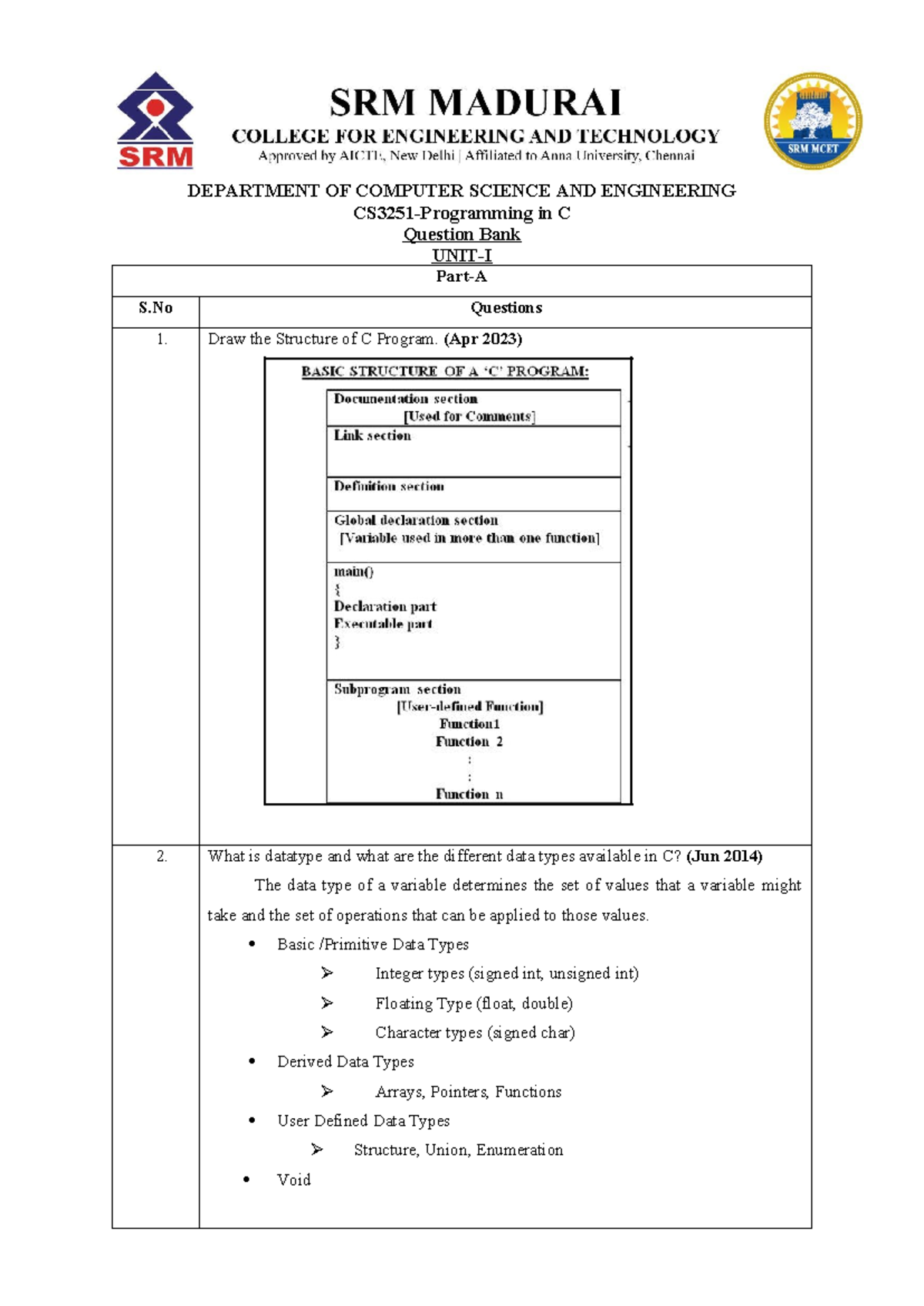Question Bank -Unit I, II and III - DEPARTMENT OF COMPUTER SCIENCE AND ...