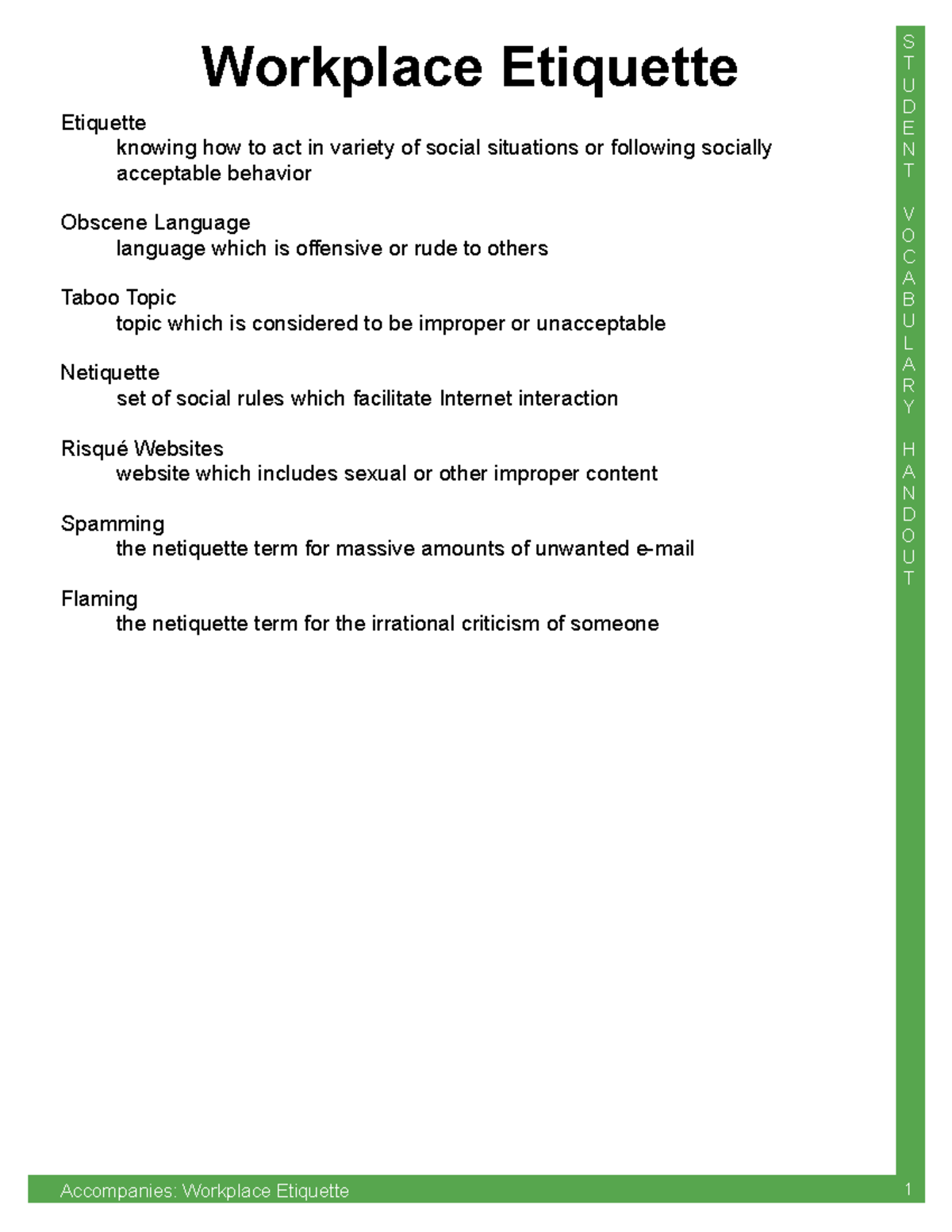 Etiquette Vocabulary Handout (link in Binder) - S T U D E N T V O C A B ...