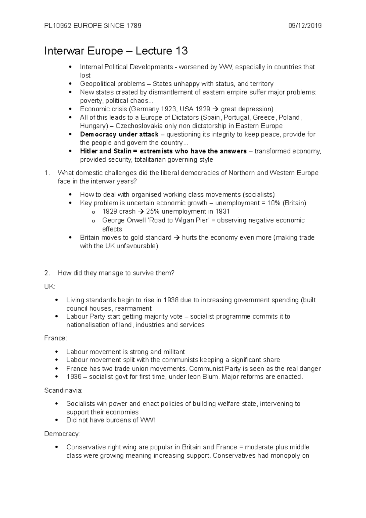 Lecture 13 - Interwar Europe - PL10952 EUROPE SINCE 1789 09/12 ...