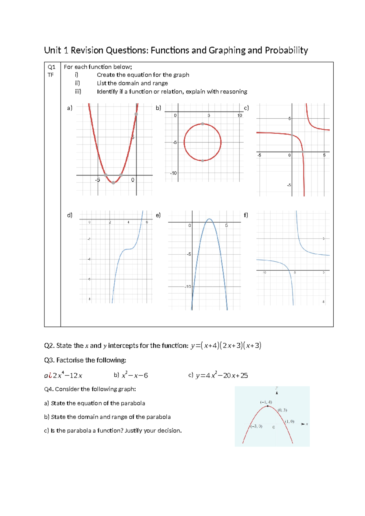 Revision Questions Functions and Graphing and Probability - State the 𝑥 ...