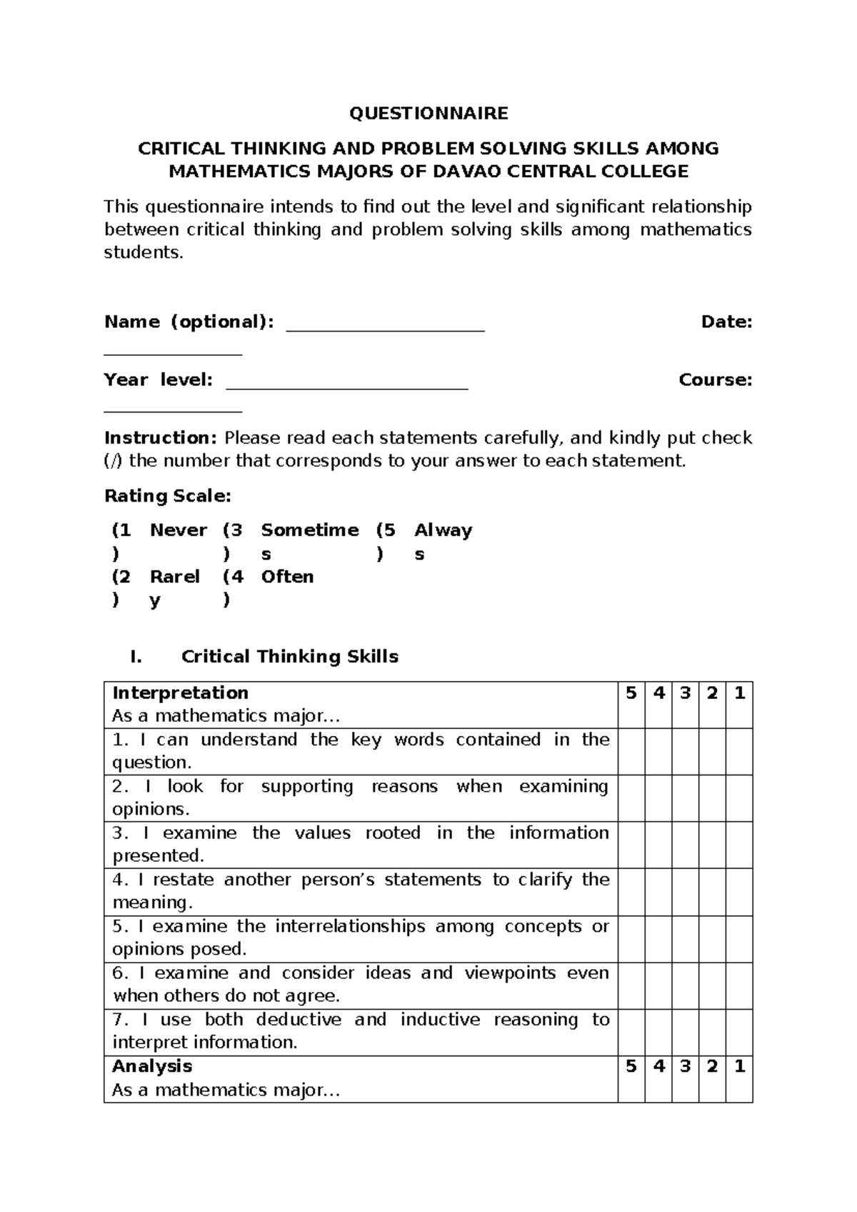 Questionnaire 6 - QUESTIONNAIRE CRITICAL THINKING AND PROBLEM SOLVING ...