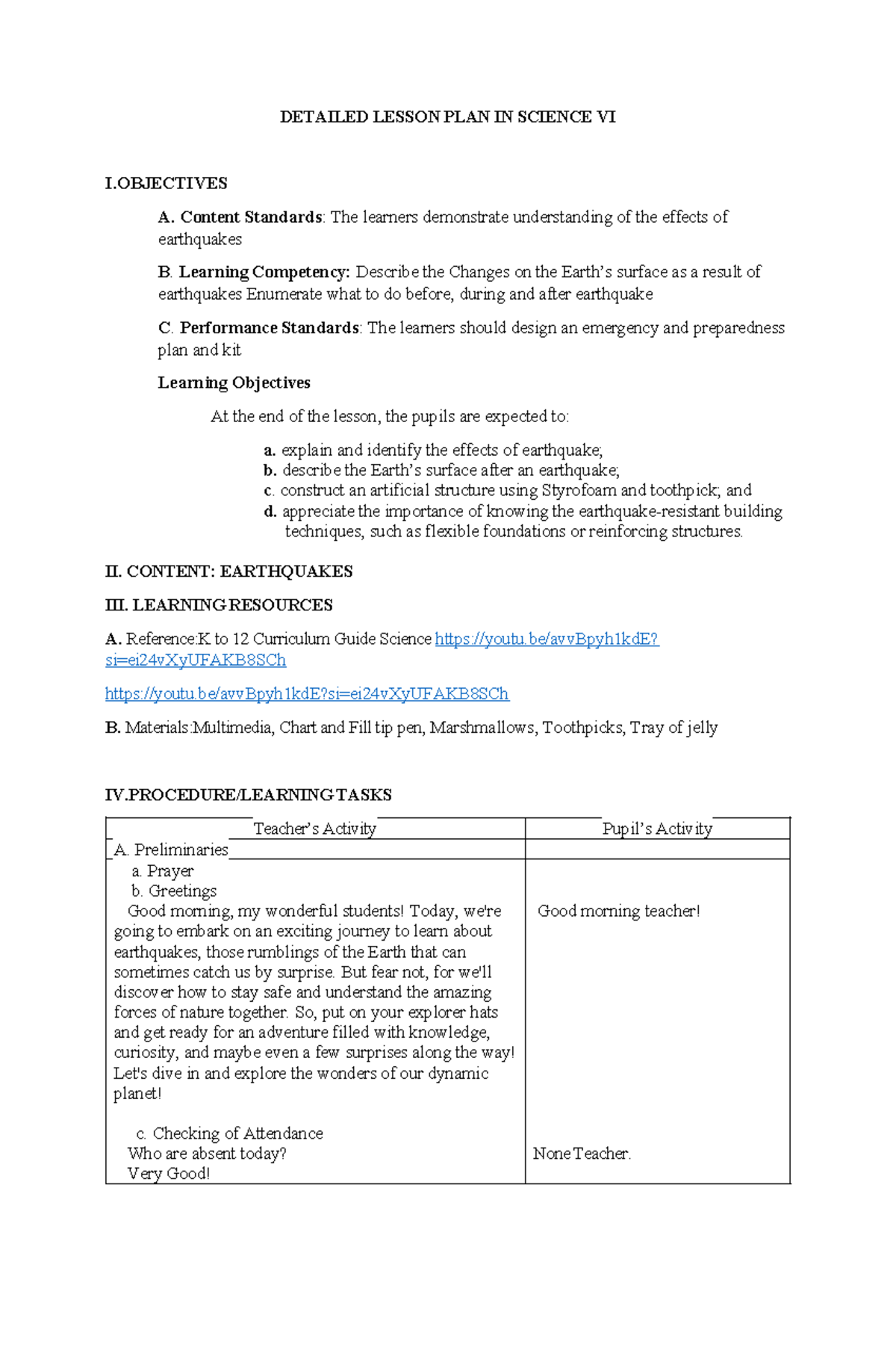 science lesson plan - DETAILED LESSON PLAN IN SCIENCE VI I A. Content ...
