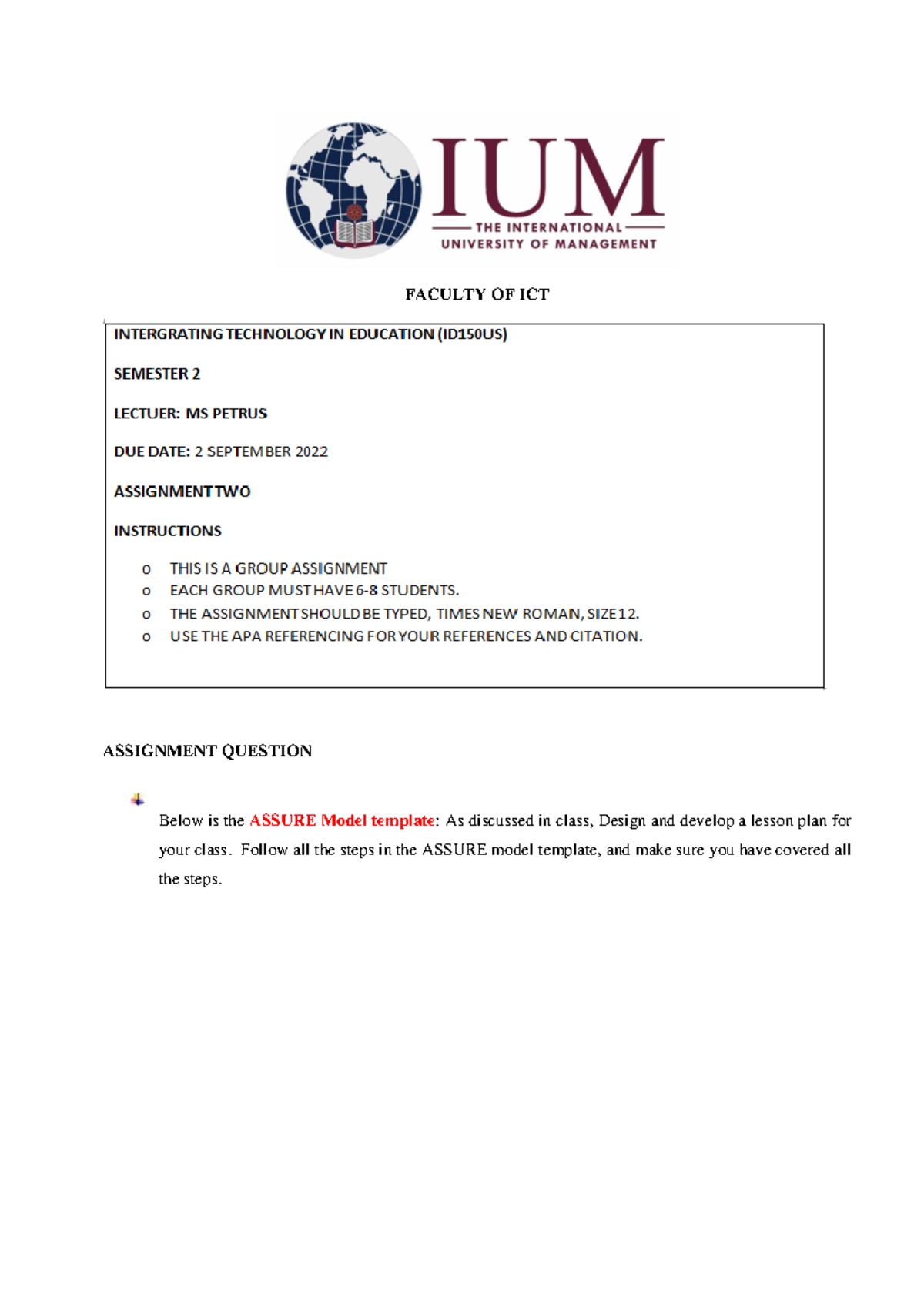 ID150US Assignment TWO - FACULTY OF ICT ASSIGNMENT QUESTION Below is ...
