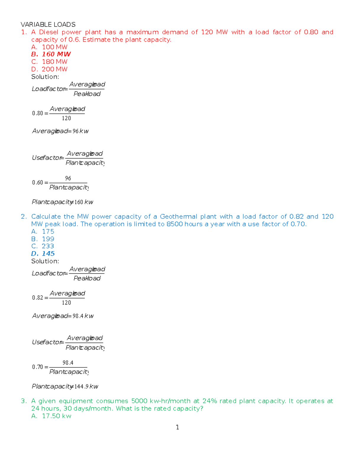 Variable Loads Problems - VARIABLE LOADS A Diesel power plant has a ...