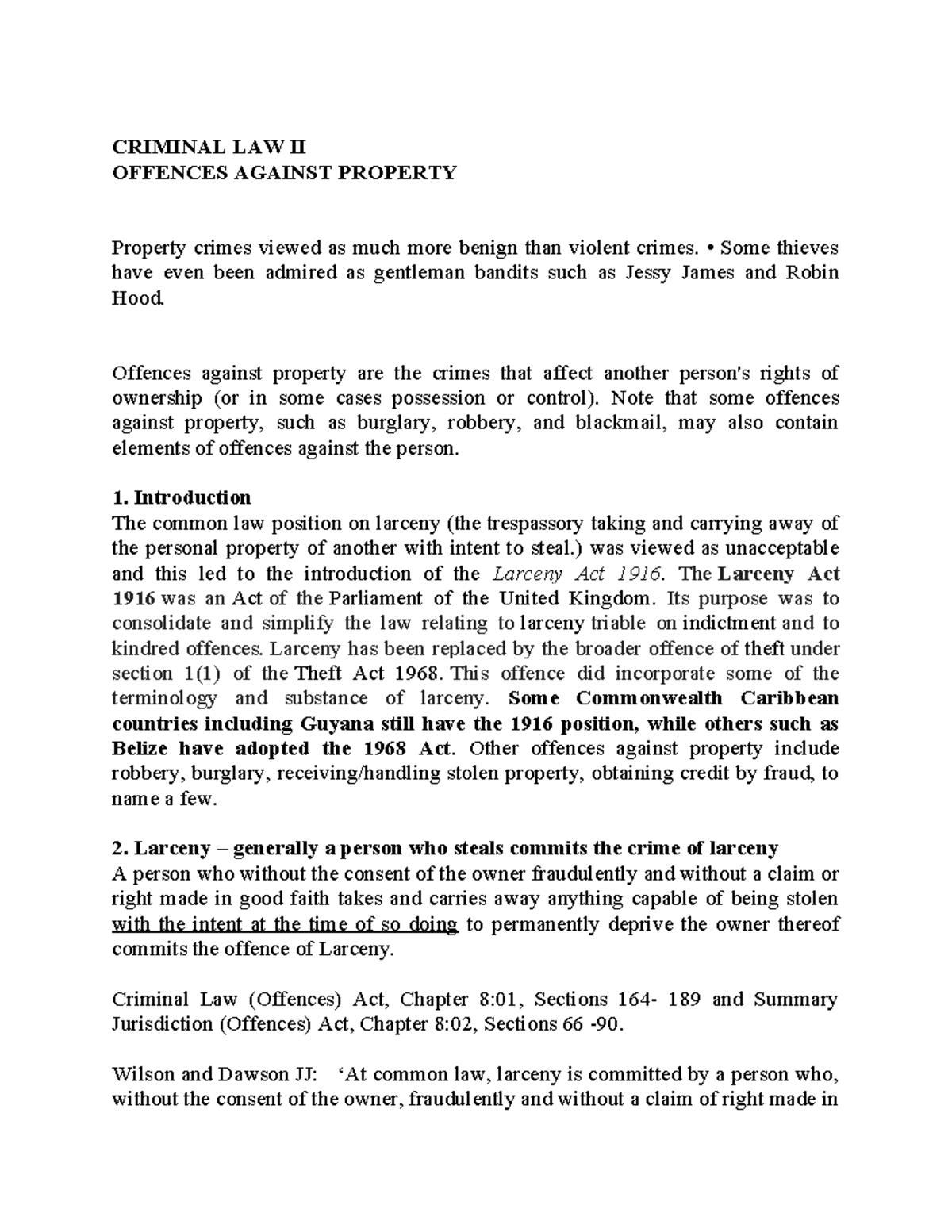 Property Offences - CRIMINAL LAW II OFFENCES AGAINST PROPERTY Property ...
