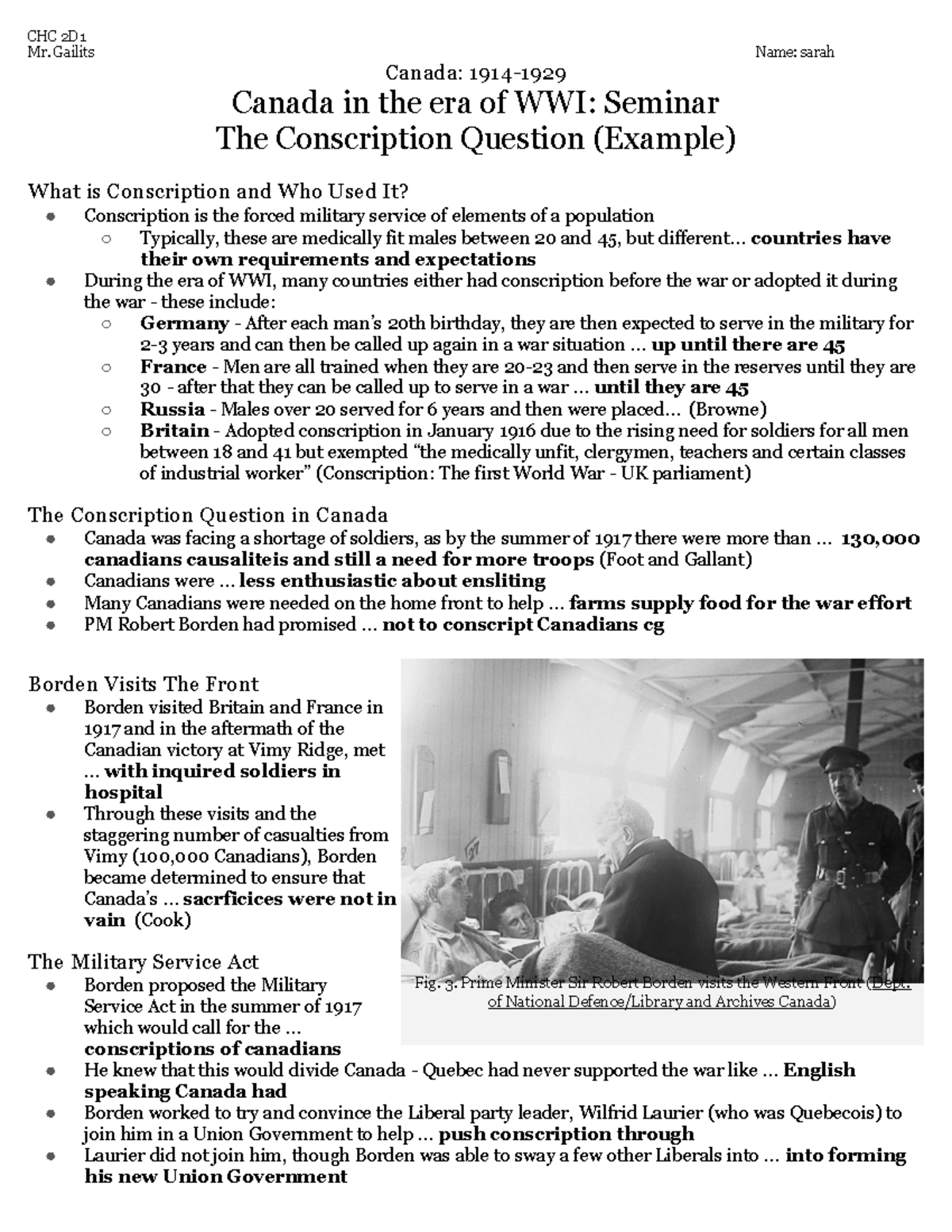 CHC 2D1 - Canada - 1914-1929 - WWI - Conscription Seminar Assignment ...