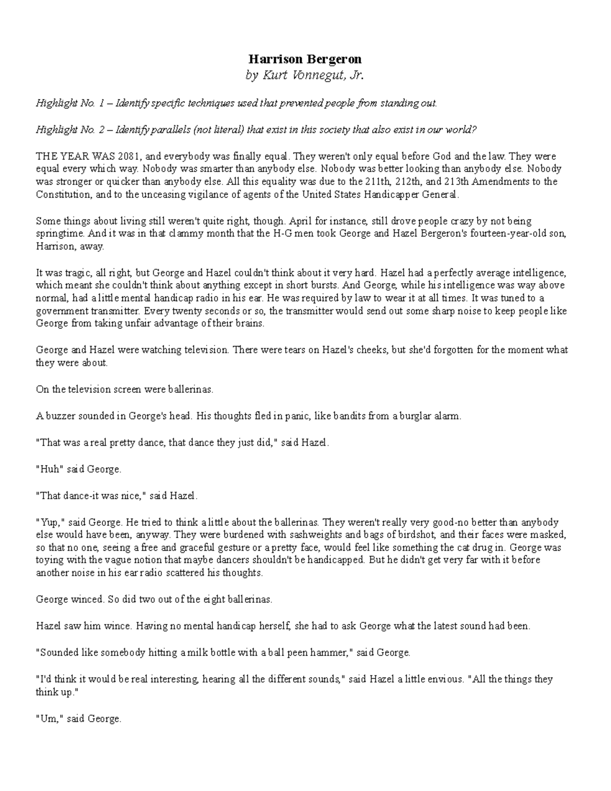 Harrison Bergeron Story - Harrison Bergeron by Kurt Vonnegut, Jr ...