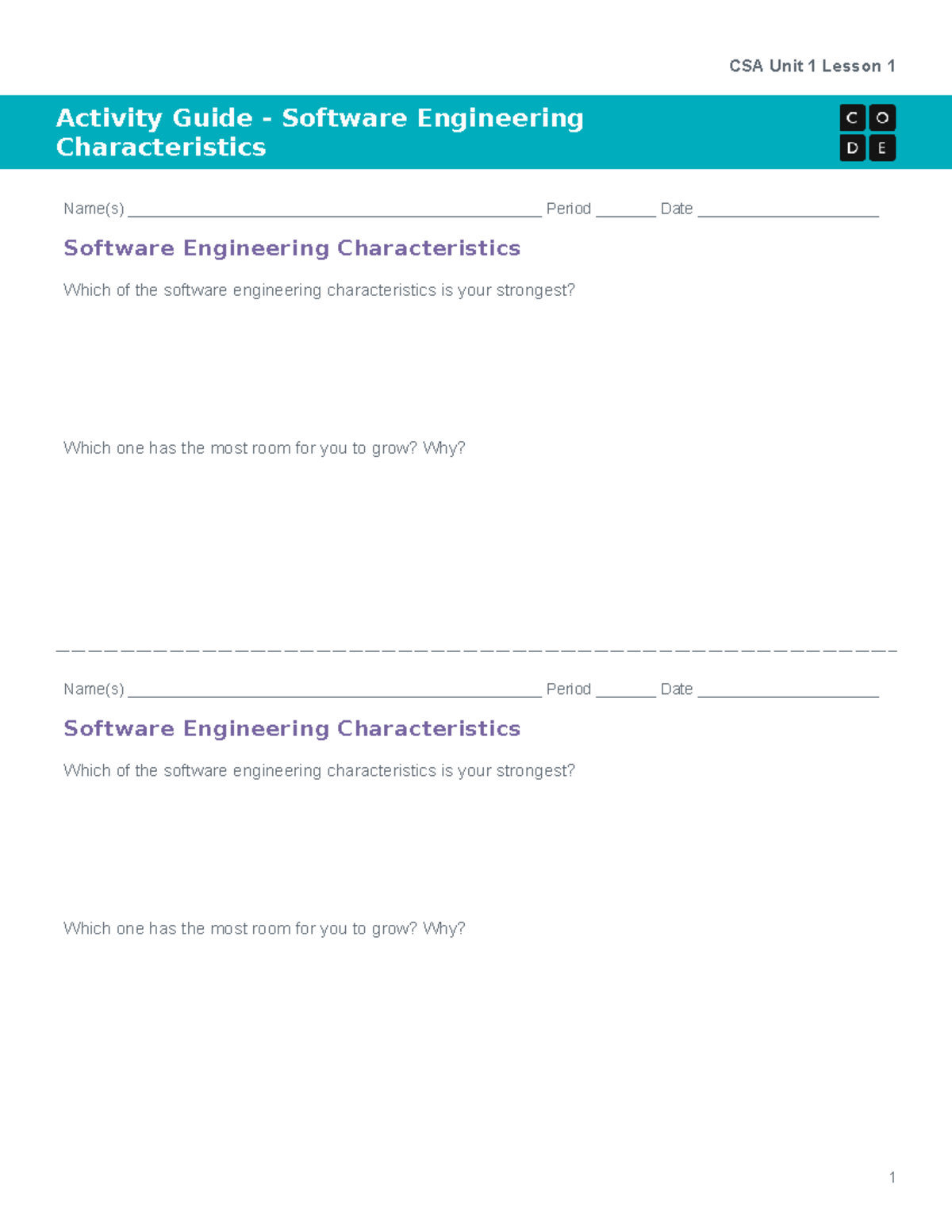 CSA U1L1 Software Engineering Characteristics - CSA Unit 1 Lesson 1 Activity Guide - Software ...