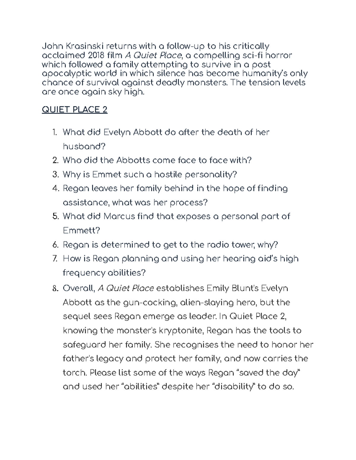 Quiet place notes and worksheet - John Krasinski returns with a follow ...