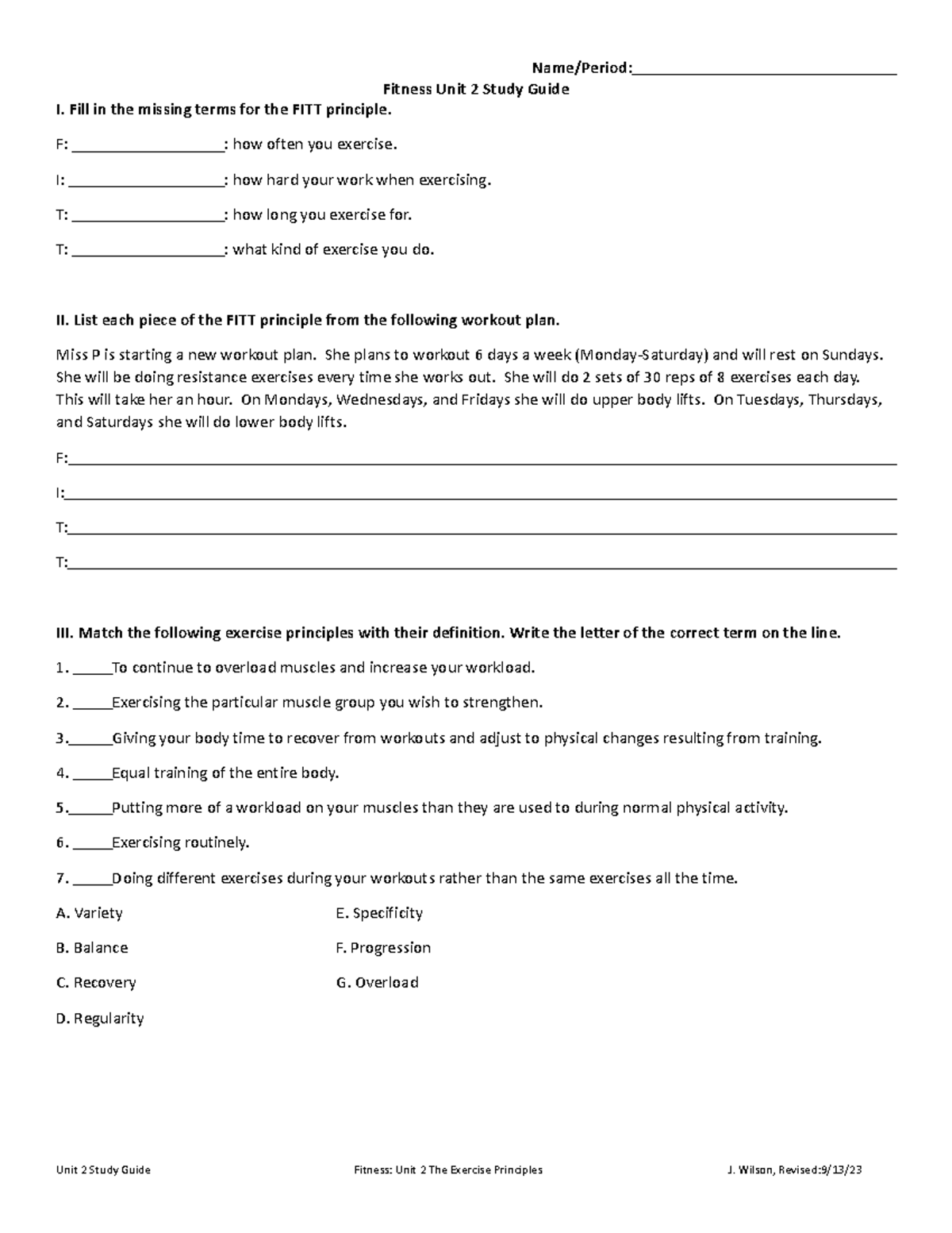 Unit 2 Study Guide Worksheet - Name/Period: Fitness Unit 2 Study Guide ...