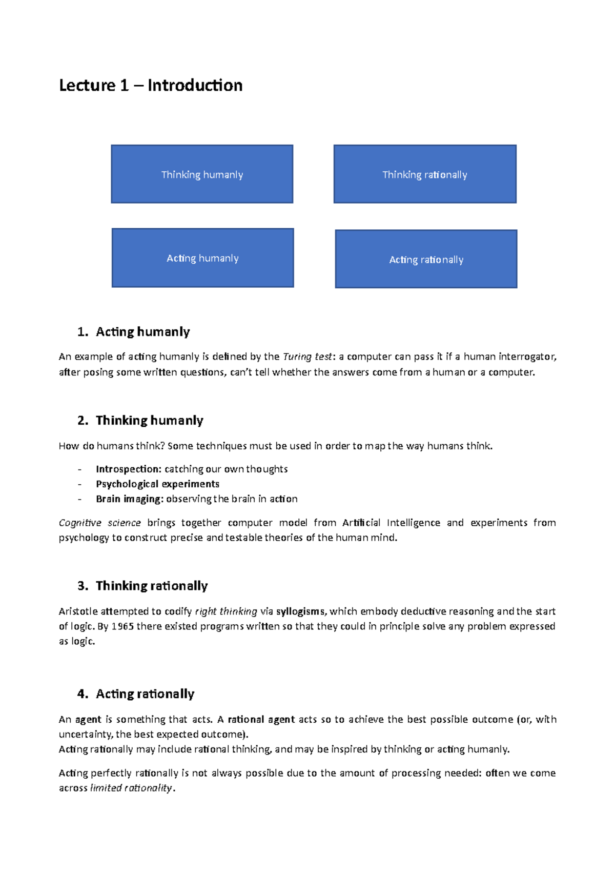 Lecture 1 - Introduction - Lecture 1 – Introduction 1. Acting humanly ...