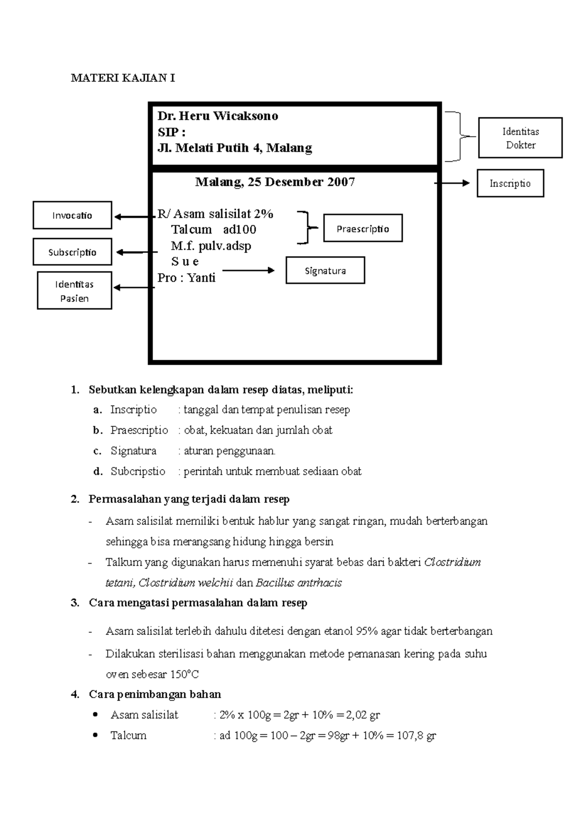 Pulvis & pulveres - 1. Sebutkan kelengkapan dalam resep diatas ...