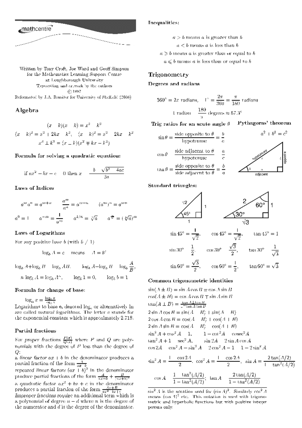 ACS131 Formulae - formula sheet - Studocu