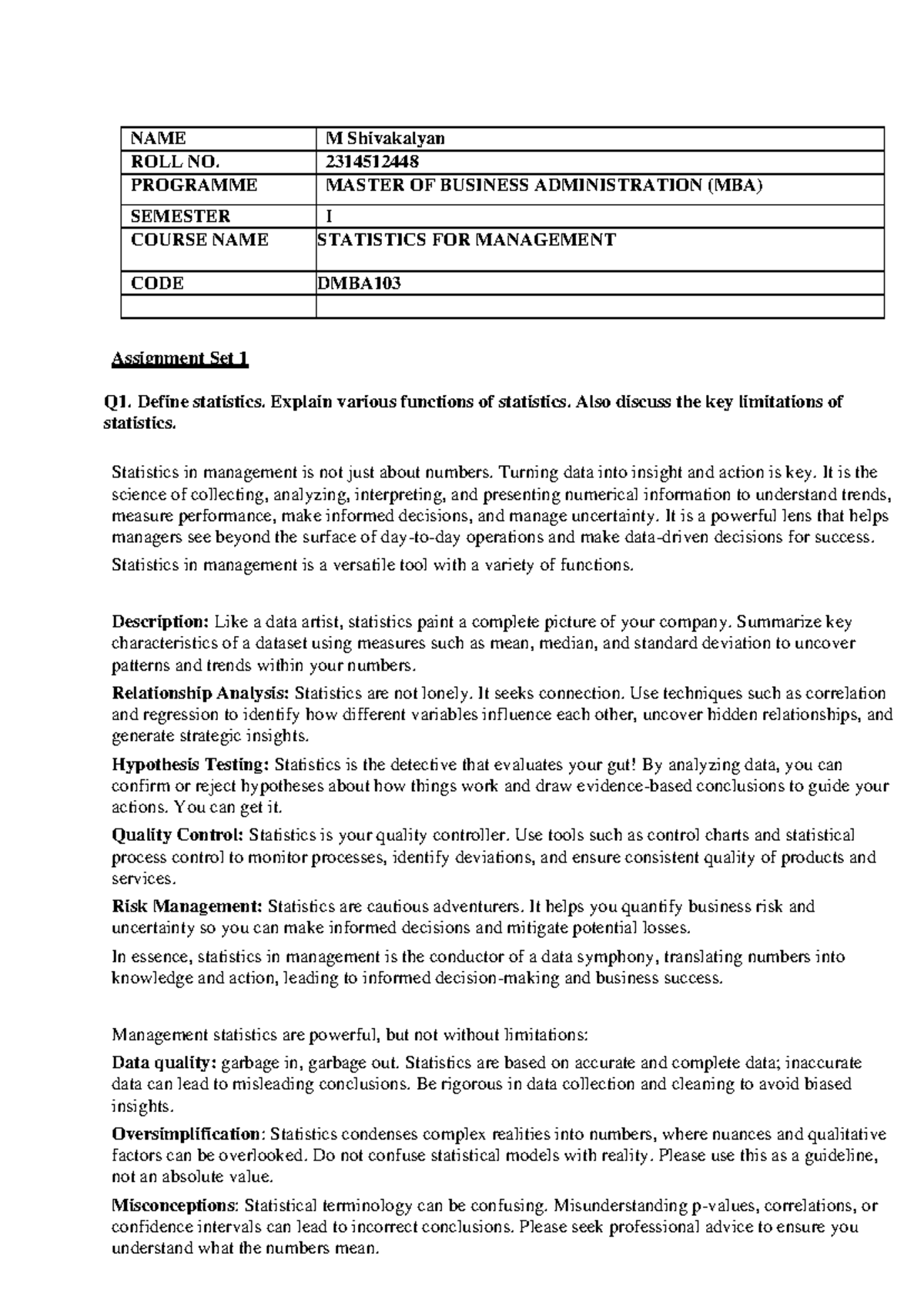 Assignment DMBA103 MBA 1 Set-1 and 2 Aug 2023 - NAME M Shivakalyan ROLL NO. 2314512448 PROGRAMME ...