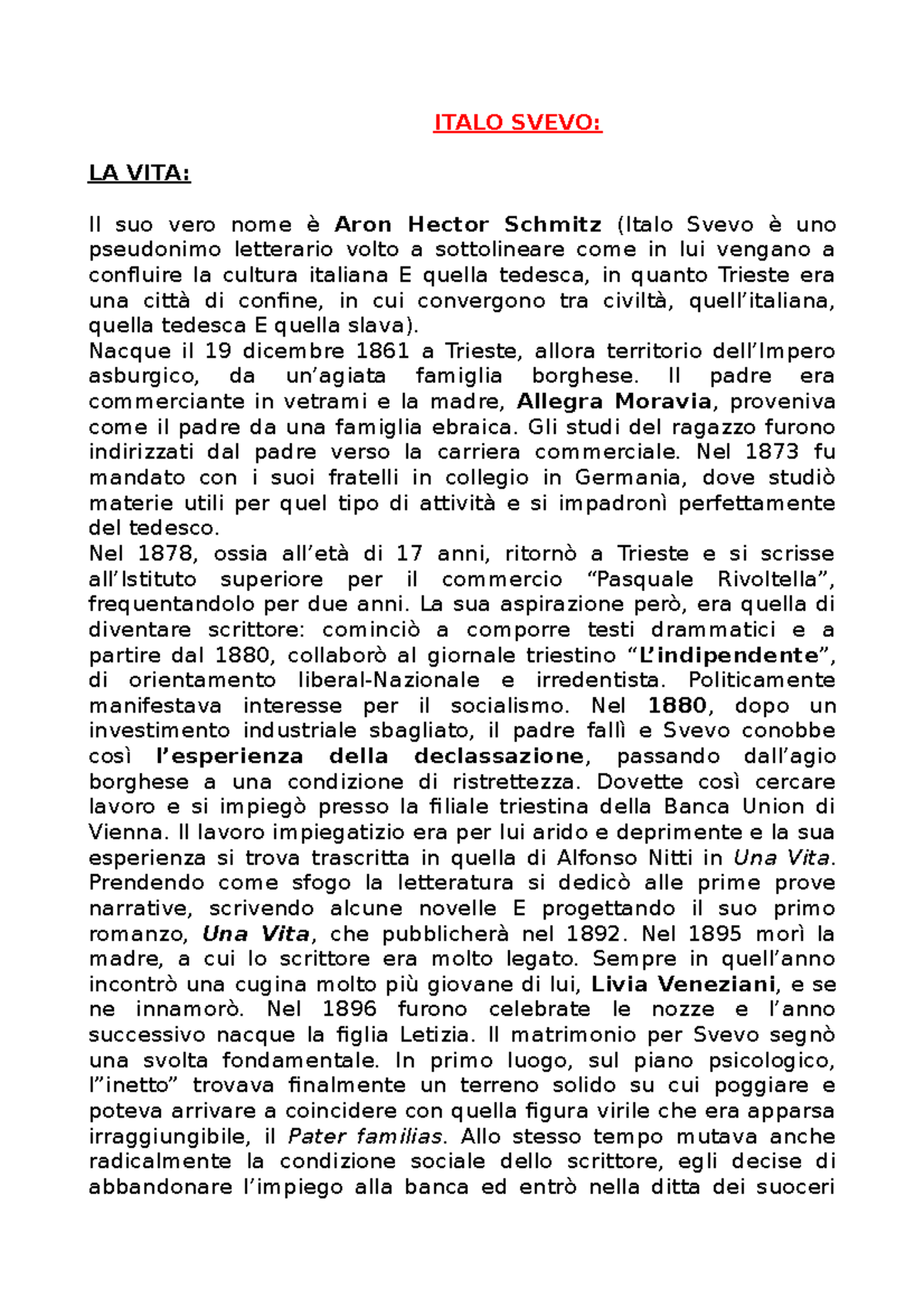 Italo Svevo - Riassunto La letteratura - ITALO SVEVO: LA VITA: Il suo vero nome Aron Hector ...