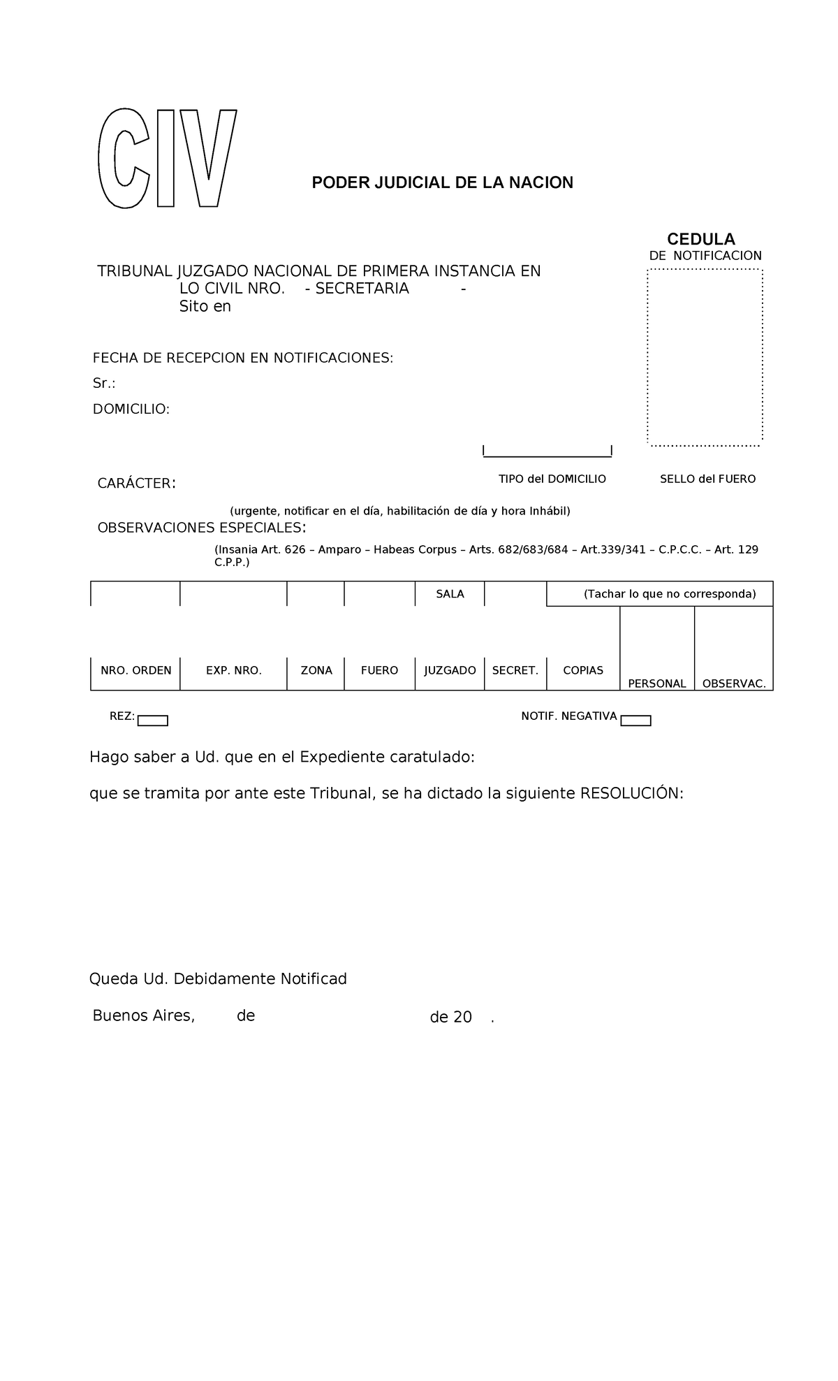 Cedula Civil de notificacion - PODER JUDICIAL DE LA NACION TRIBUNAL ...