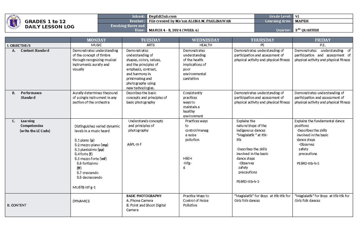 DLL Mapeh 6 Q3 W6 - GRADES 1 to 12 DAILY LESSON LOG School: DepEdClub ...