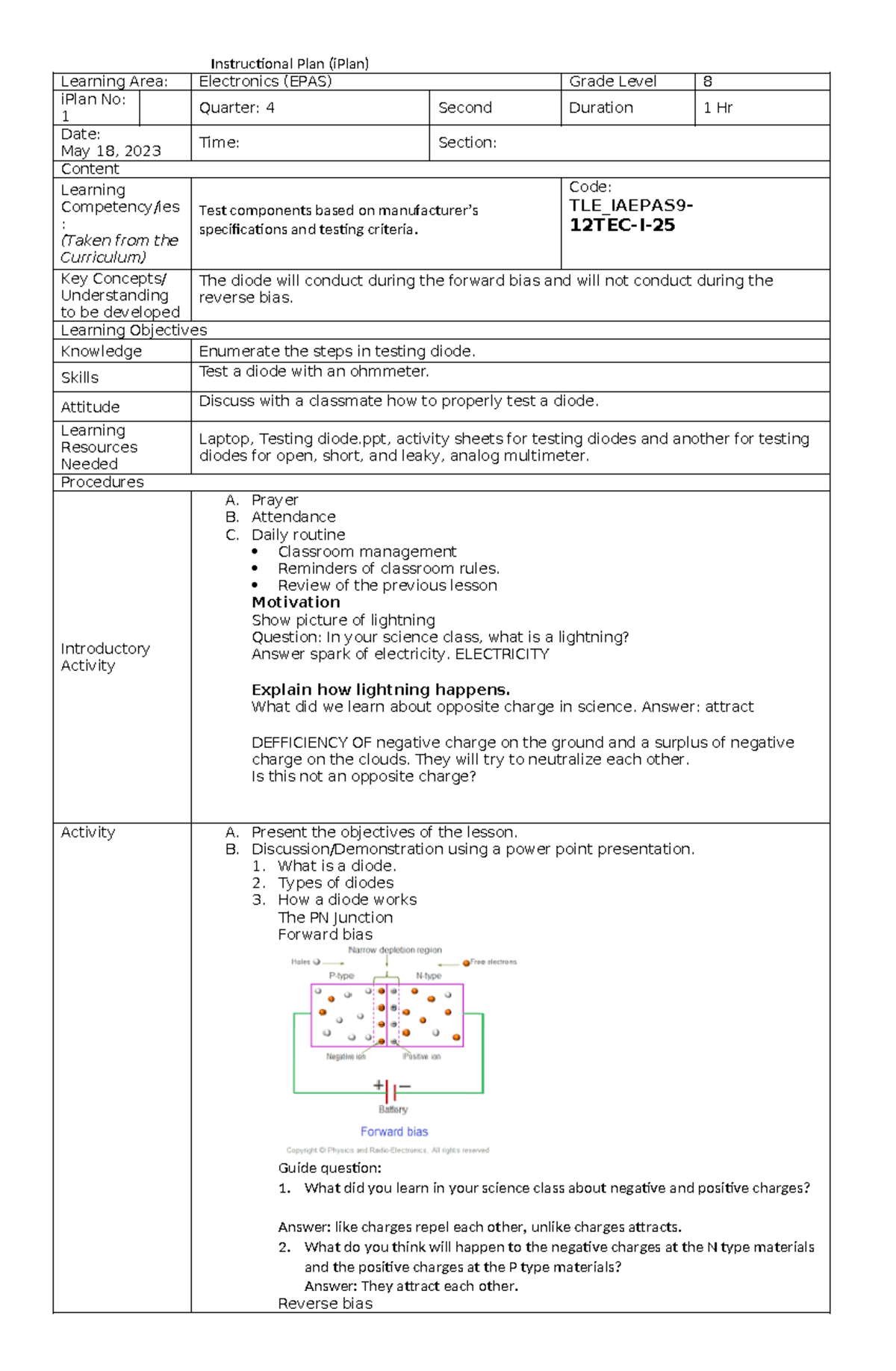 LP Testing Diode with Ohmmeter Q4 - Instructional Plan (iPlan) Learning ...