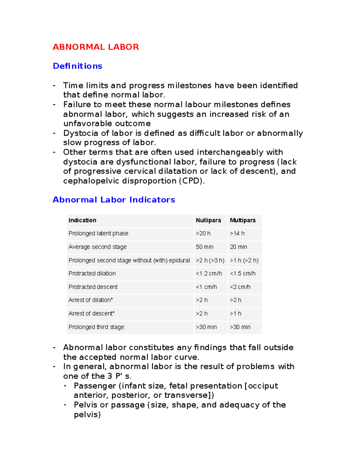 Abnormal Labor - This notes will help the learner understand the topic ...