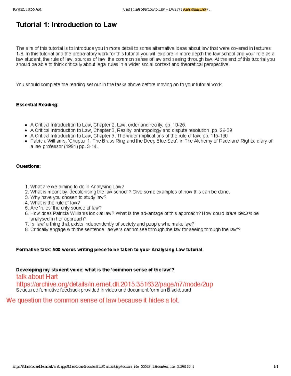 Tutorial 1- Introduction to Law - 10/7/22, 10:56 AM Unit 1 ...