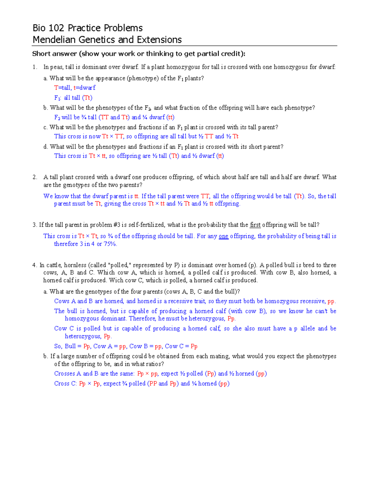 AP Mendelian Practice problems - - Studocu