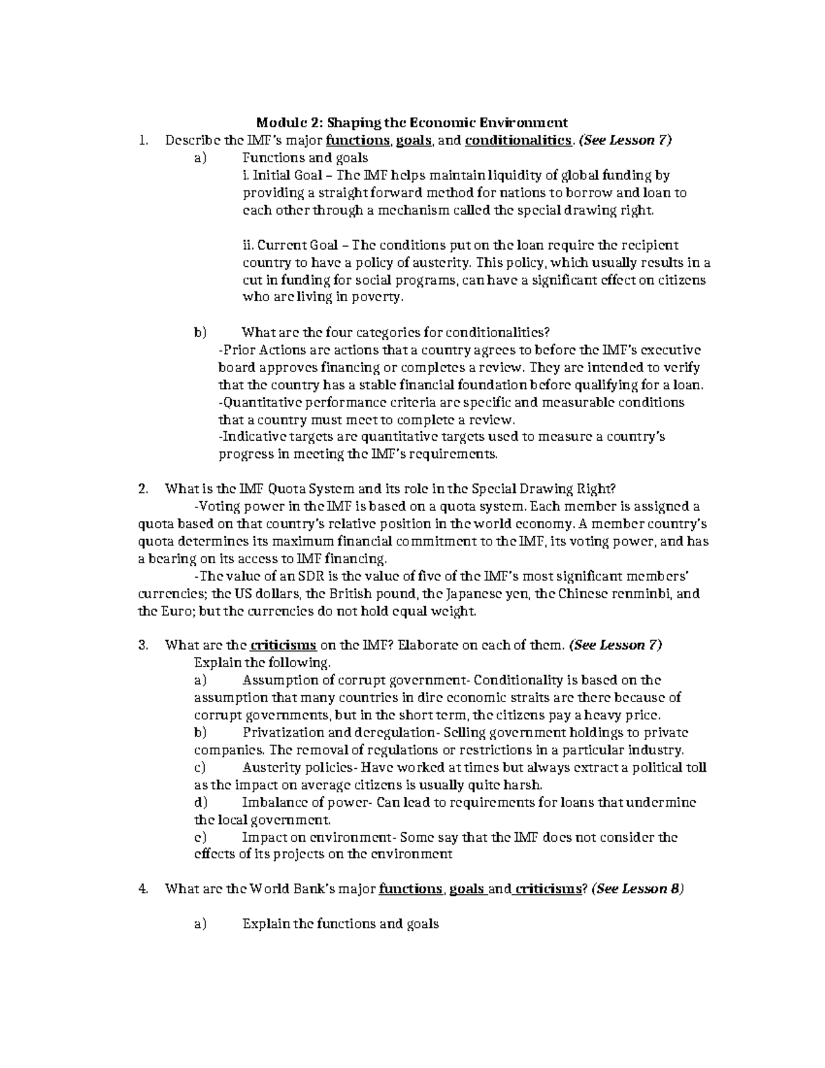 D080 Module 2 Study Guide - Module 2: Shaping the Economic Environment Describe the IMF’s major ...